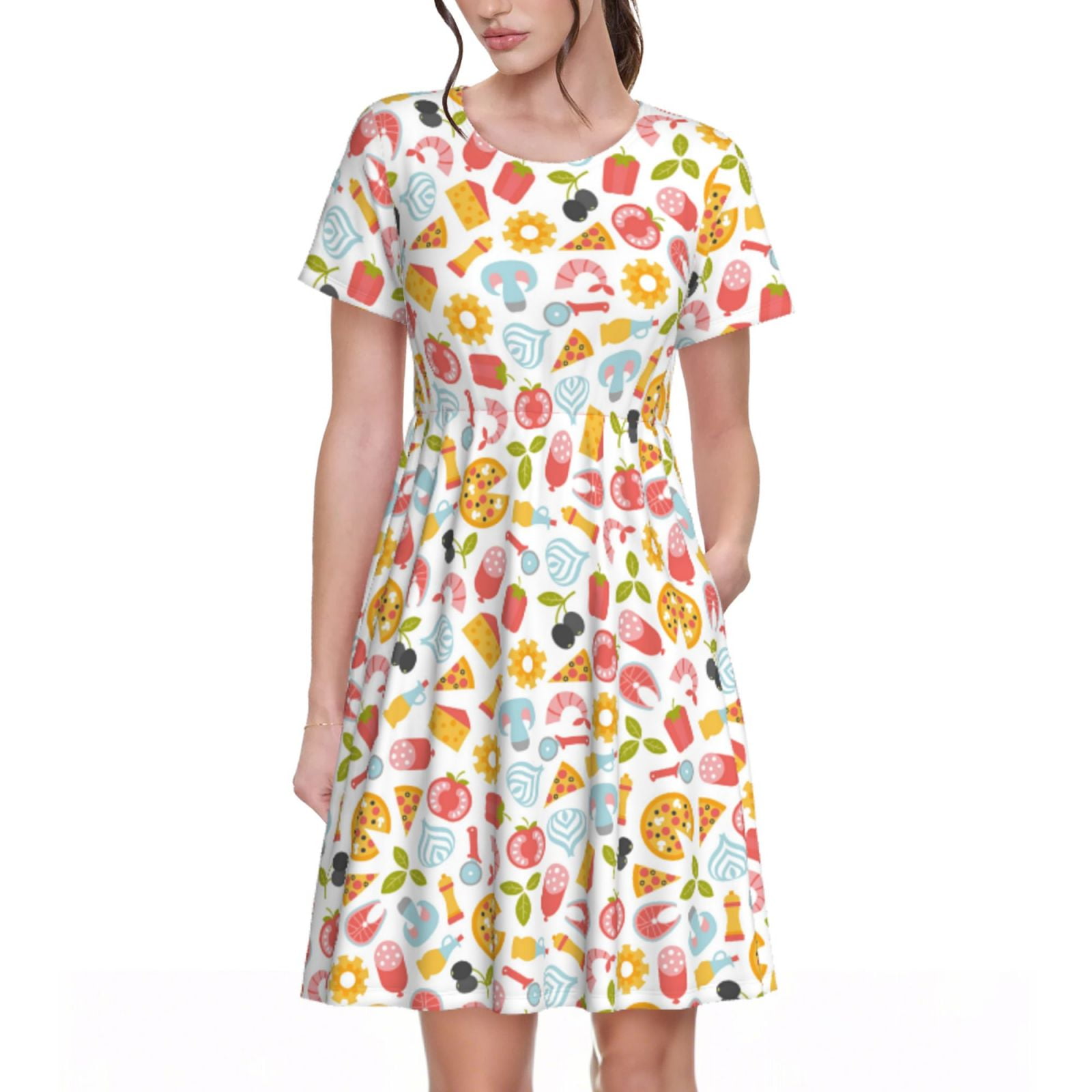 Uemuo Afternoon Tea Print Womens Summer Dress Casual Swing Short Sleeve ...
