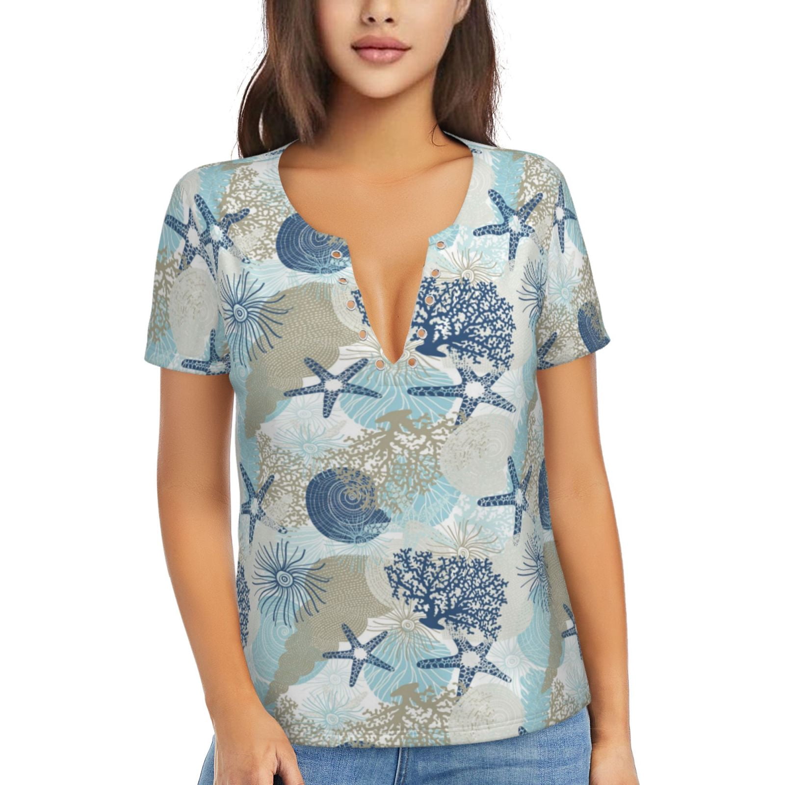 Uemuo Algae Corals and Seashells Drawing Women's Deep V-Neck Low Cut ...
