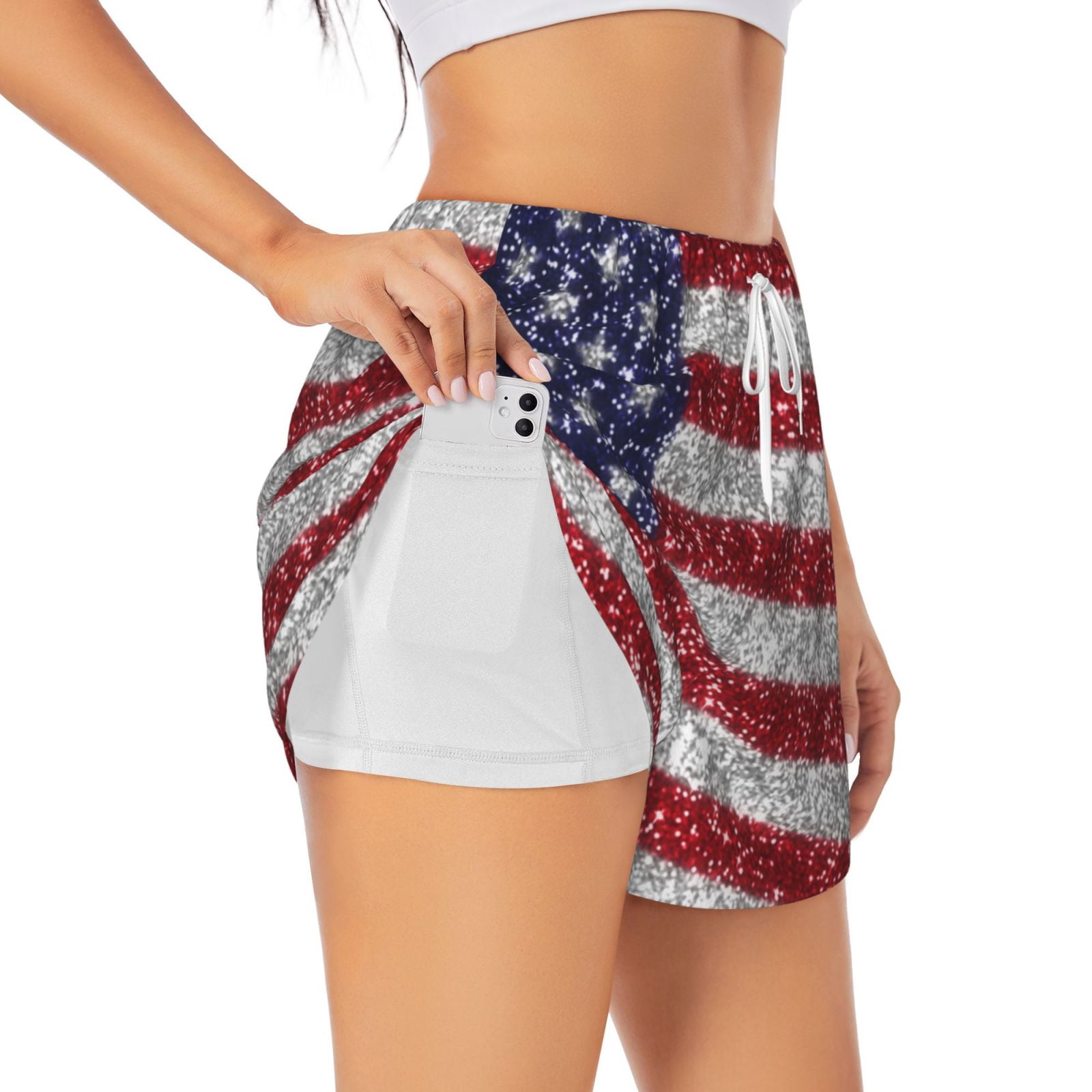 Uemuo America Flag Glitter Pattern Women's Athletic Shorts High Waisted ...