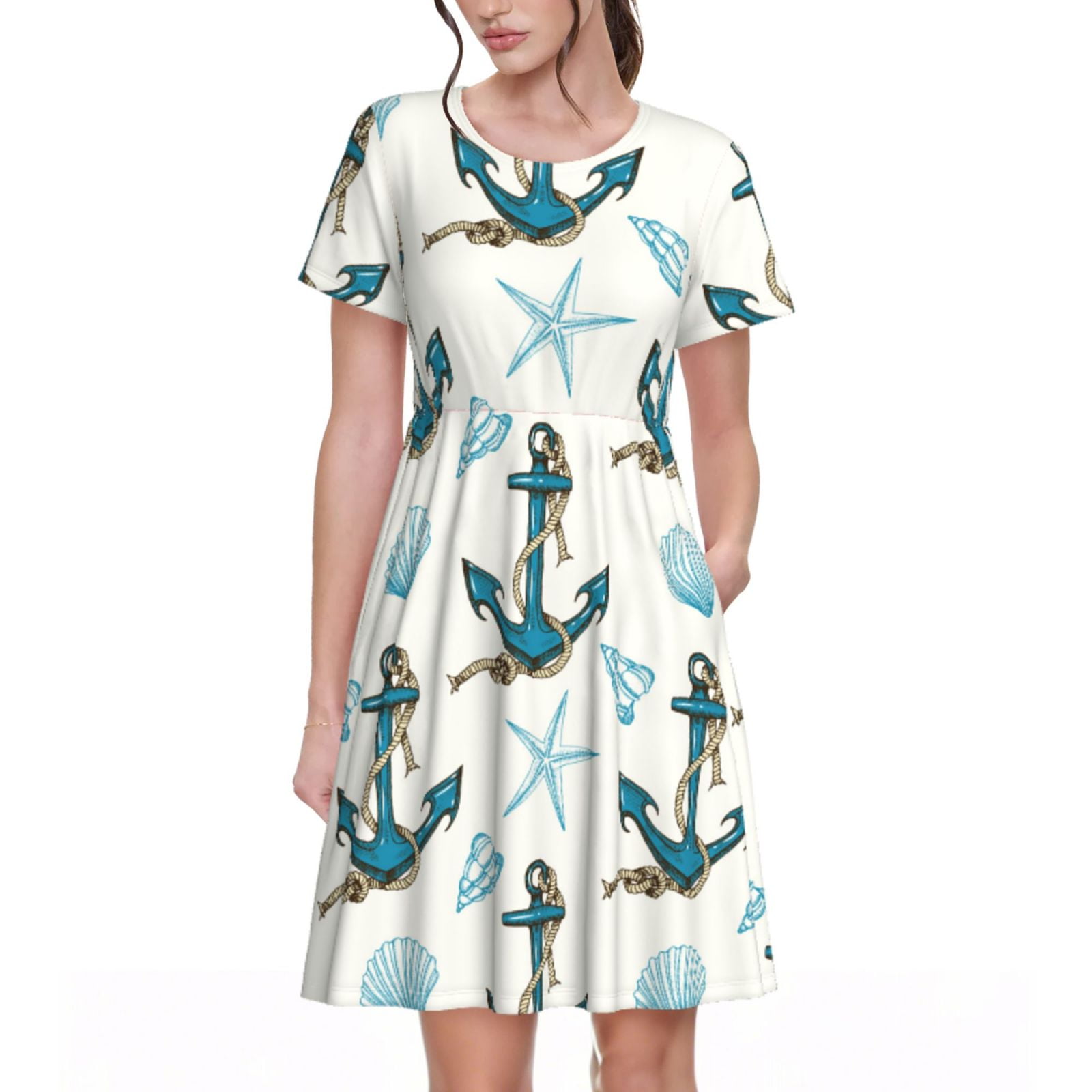 Uemuo Anchors And Shells Print Womens Summer Dress Casual Swing Short ...