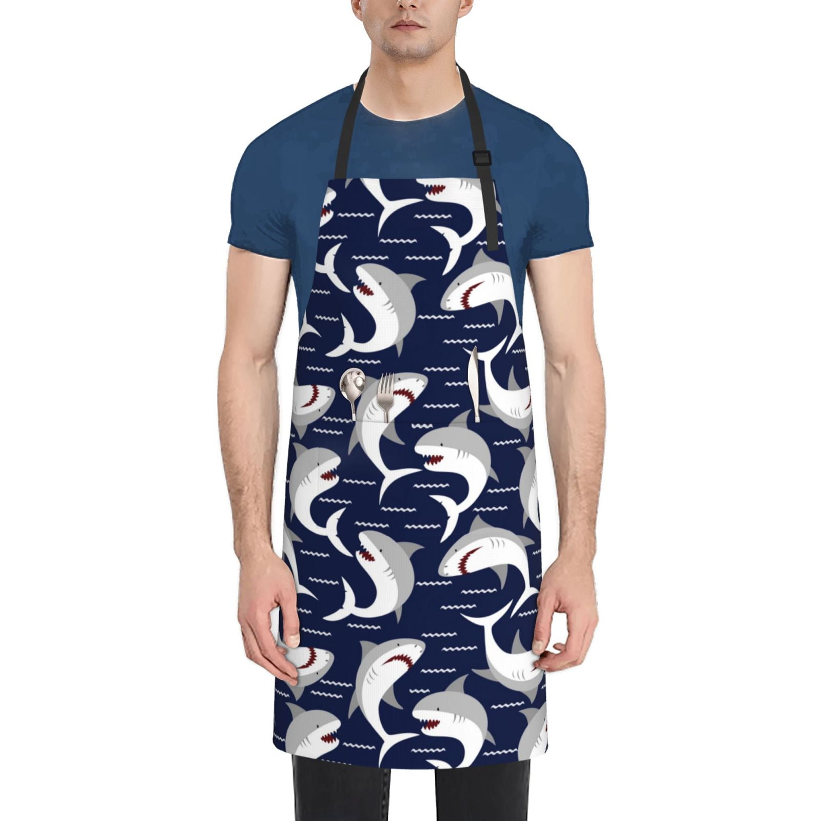Uemuo Angry Shark Pattern Waterproof Apron Adjustable Dishwasher Apron ...