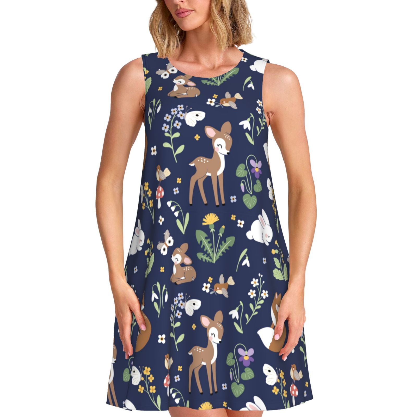 Uemuo Animals And Wildflowers Pattern Women’s Sleeveless Dress – Casual ...