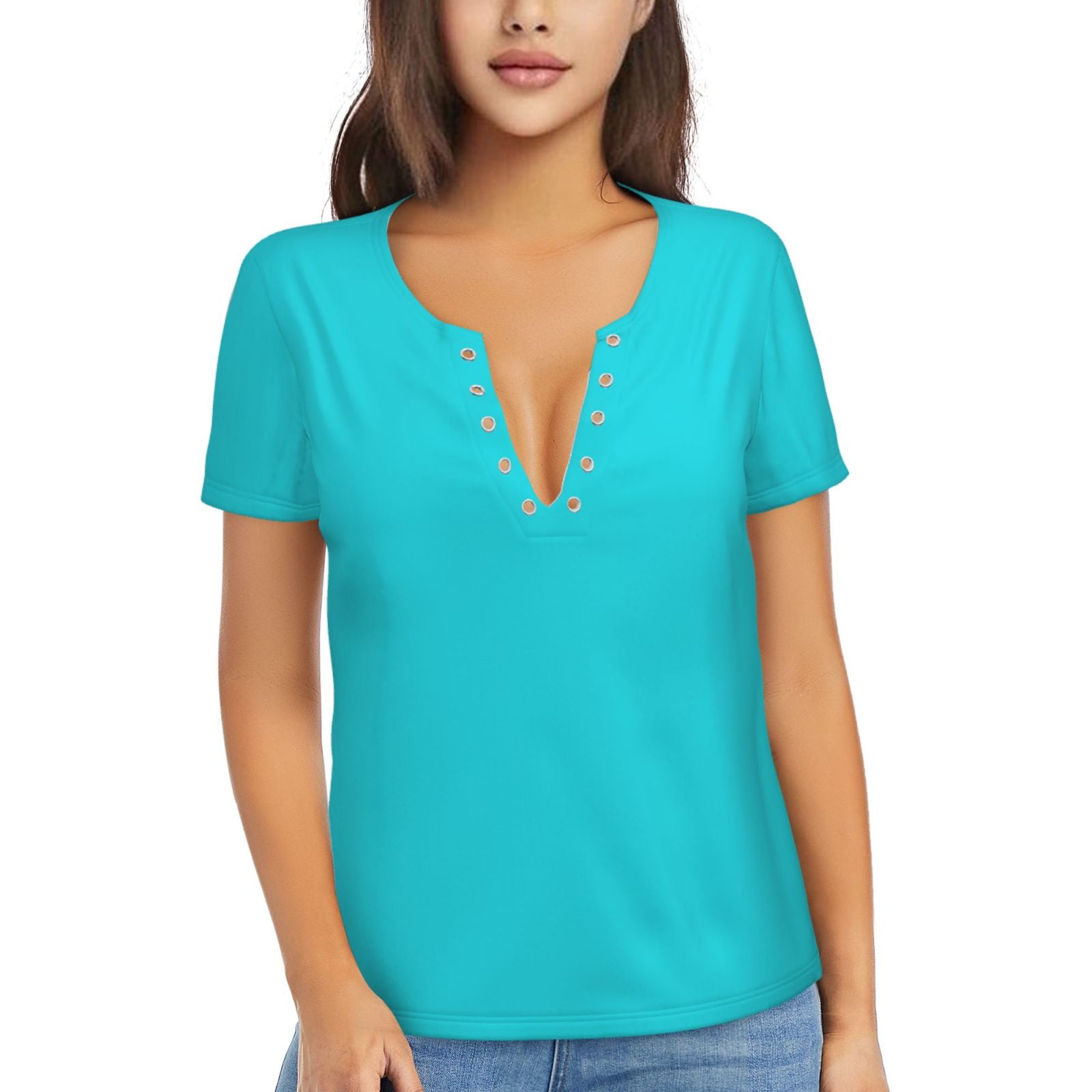 Uemuo Aqua Drawing Womens Deep V Neck Low Cut Tops Casual Loose Fit With Stainless Steel Loop