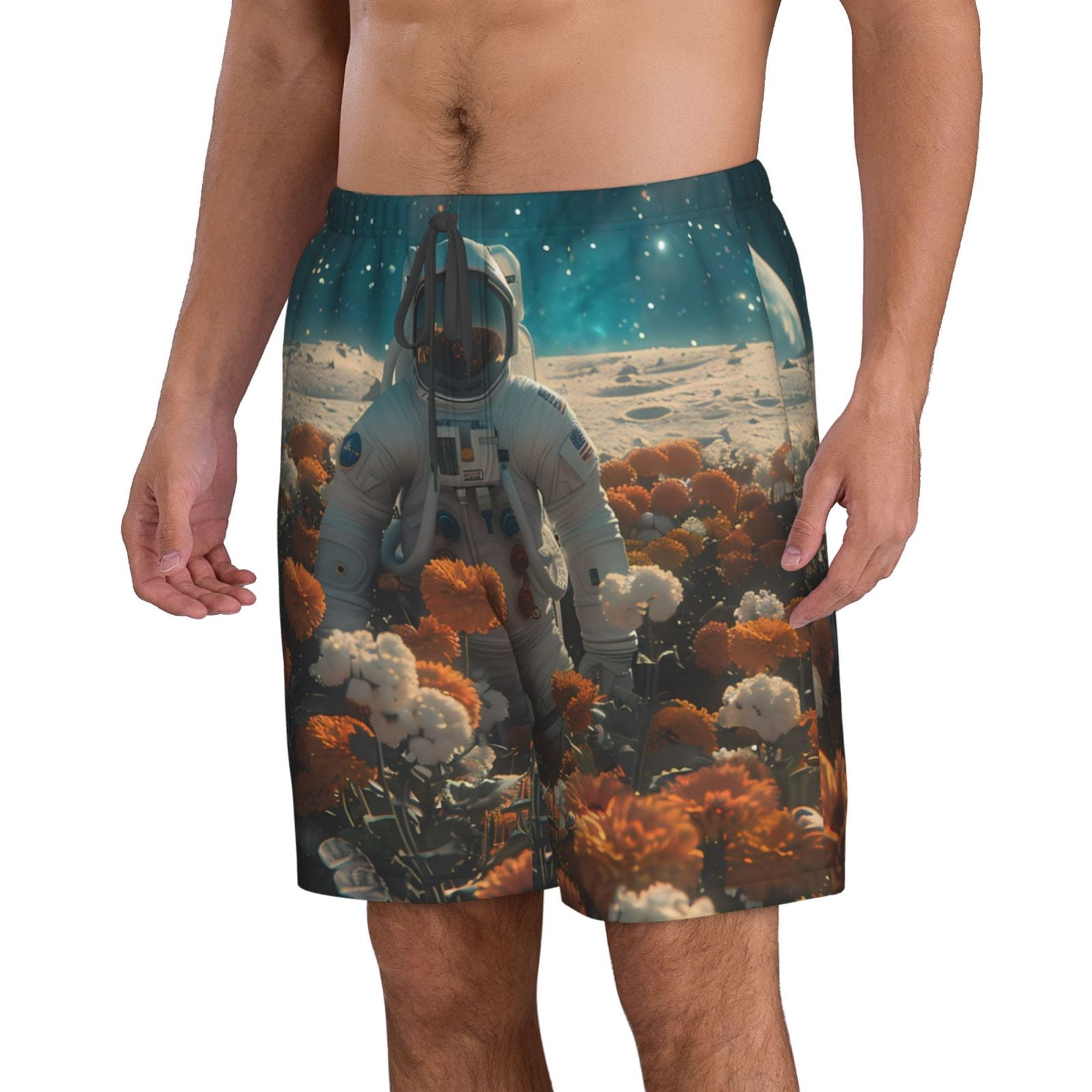 Uemuo Astronaut Flower Field Pattern Men's Swim Trunks Hawaiian Beach ...