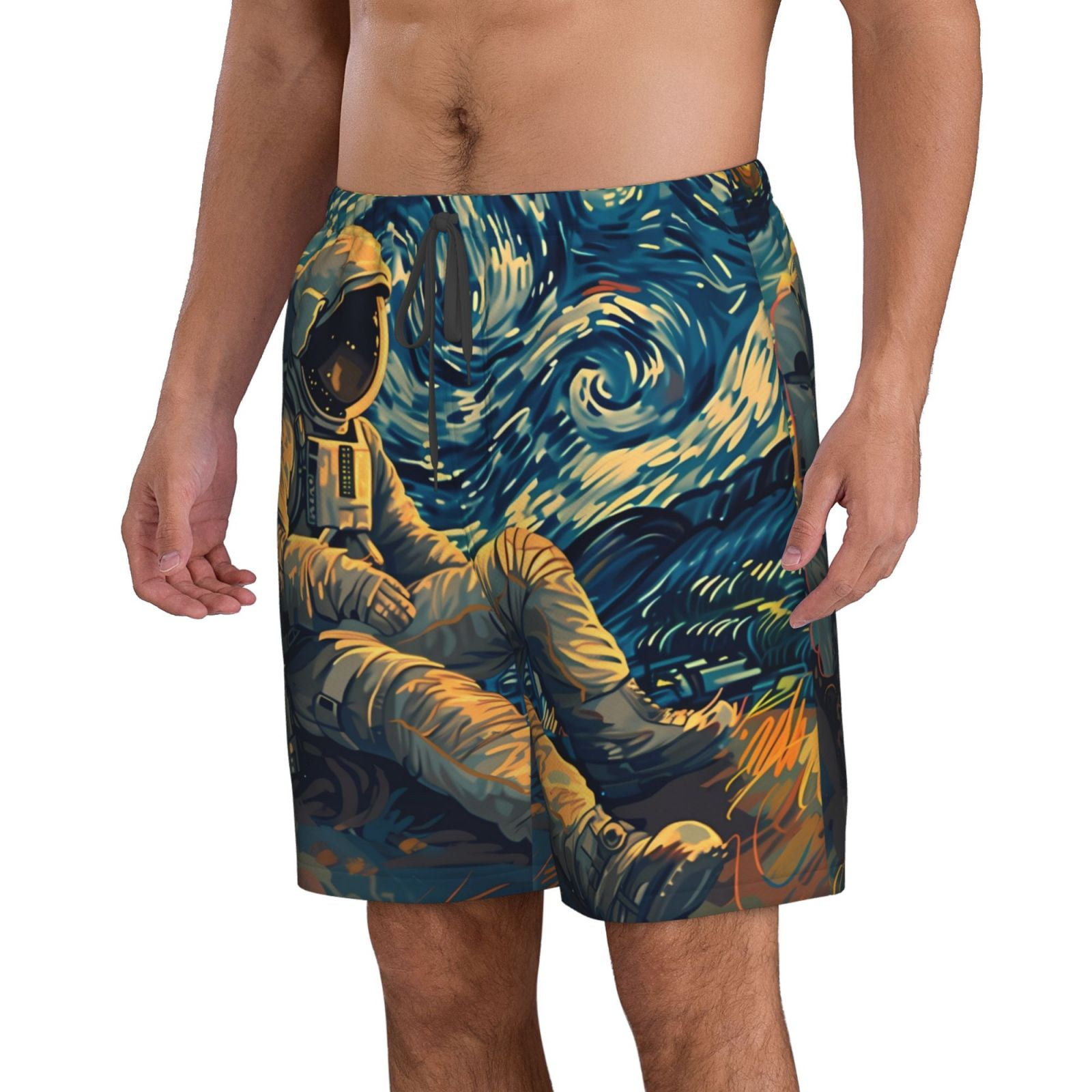 Uemuo Astronaut Starry Night Pattern Men's Swim Trunks Hawaiian Beach ...