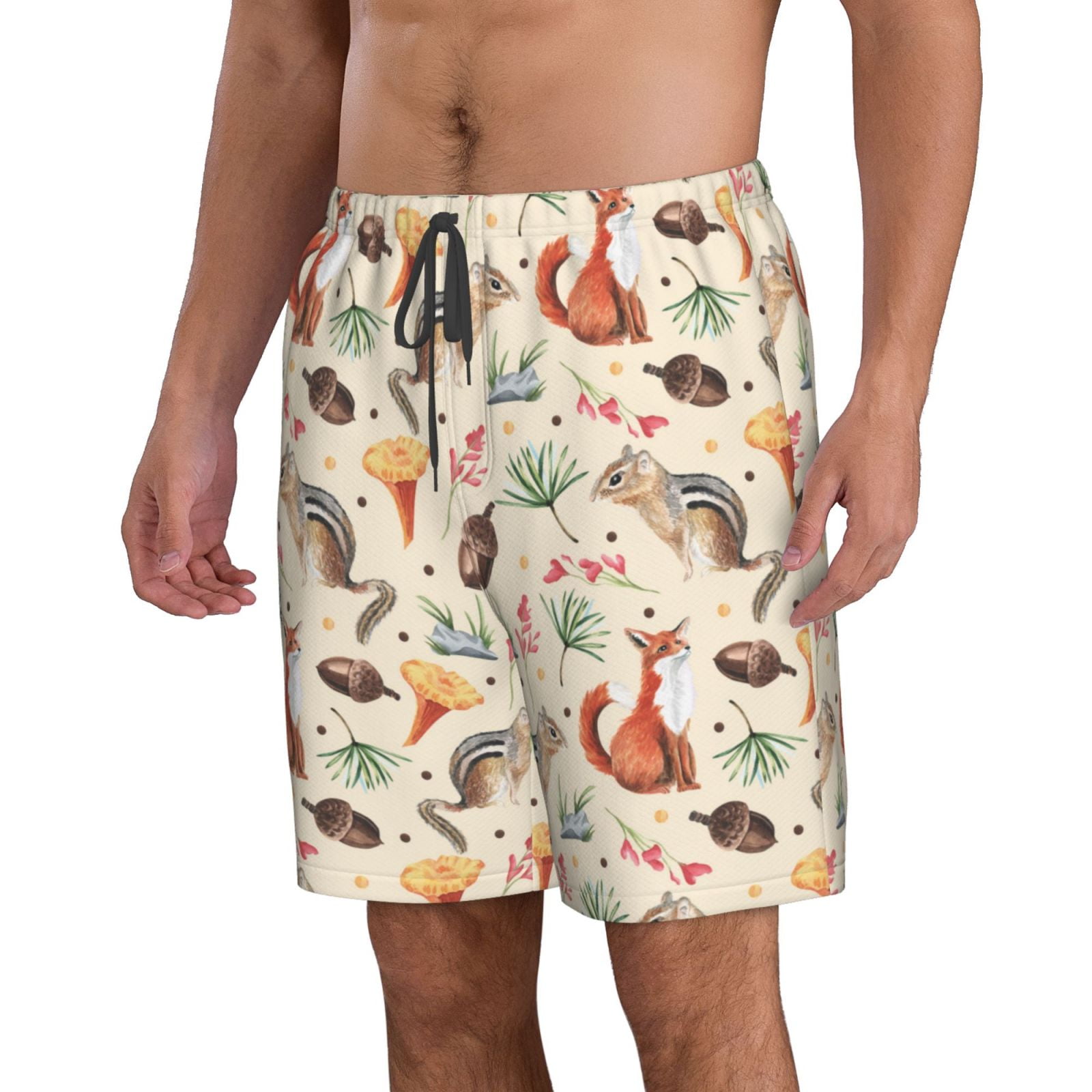 Uemuo Autumn Forest Animals Pattern Men's Swim Trunks Hawaiian Beach ...