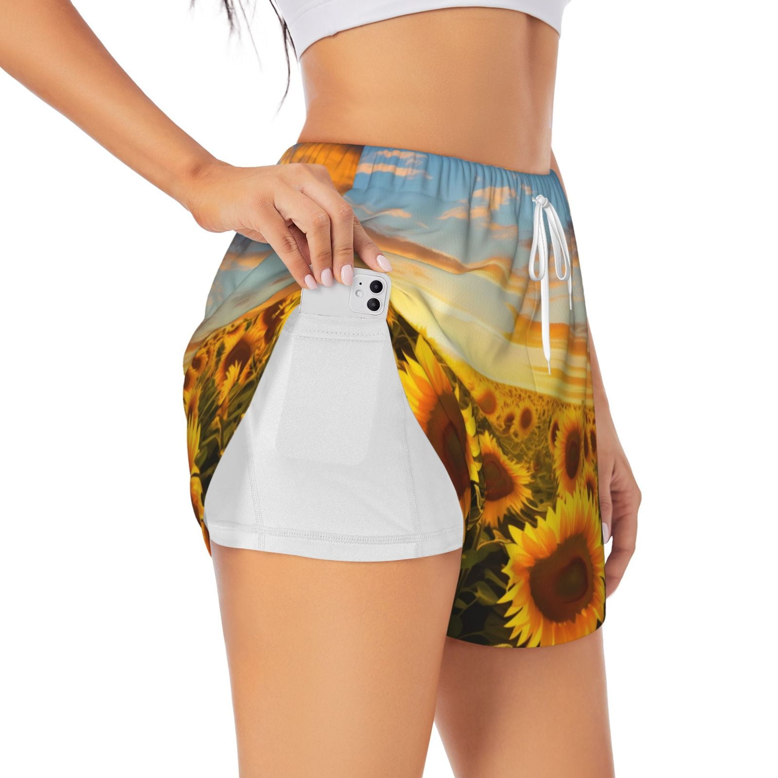 Uemuo Beautiful Golden Sunflower Field Pattern Women's Athletic Shorts ...