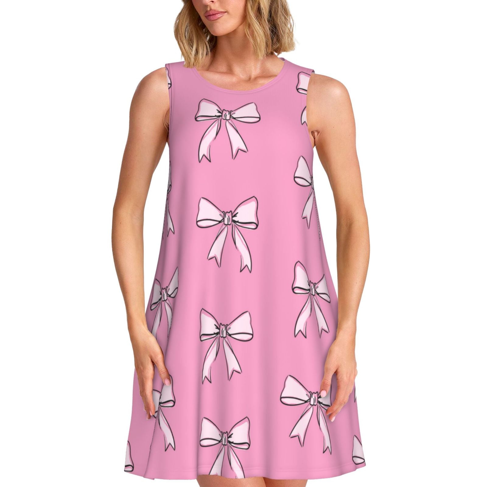Uemuo Beautiful pink bow Pattern Women’s Sleeveless Dress – Casual ...