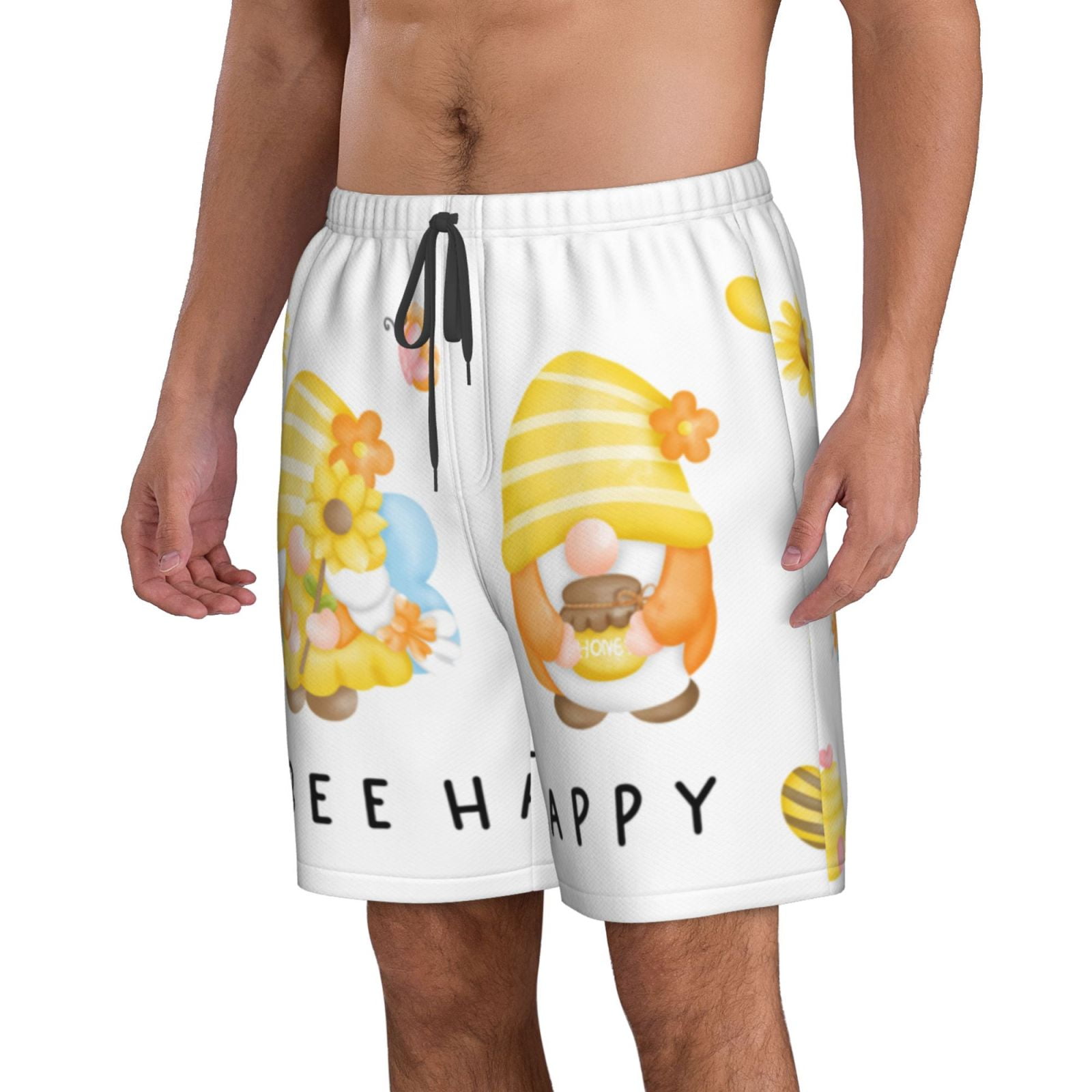 Uemuo Bee Happy Sunflower Gnomes Pattern Men's Swim Trunks Hawaiian ...