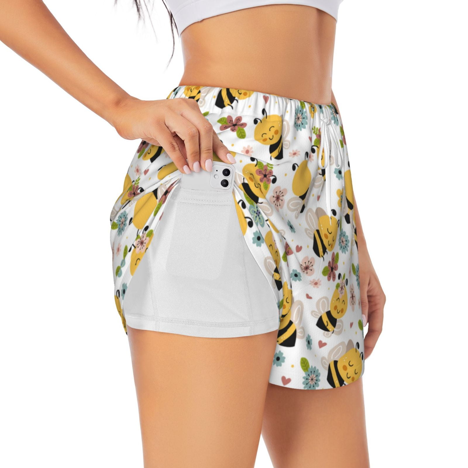 Uemuo Bee and Flowers Pattern Women's Athletic Shorts High Waisted ...