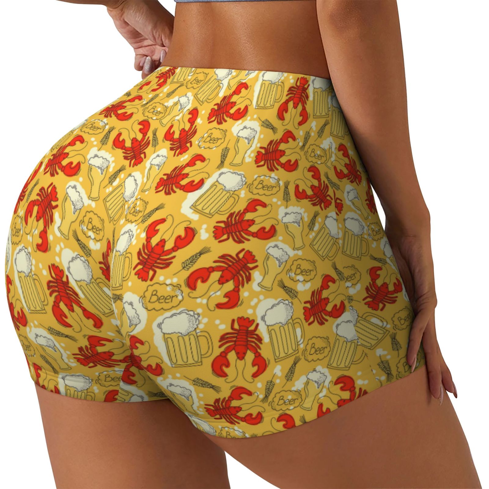 Uemuo Beer And Crawfish Pattern Women Workout Impact Shorts Scrunch ...