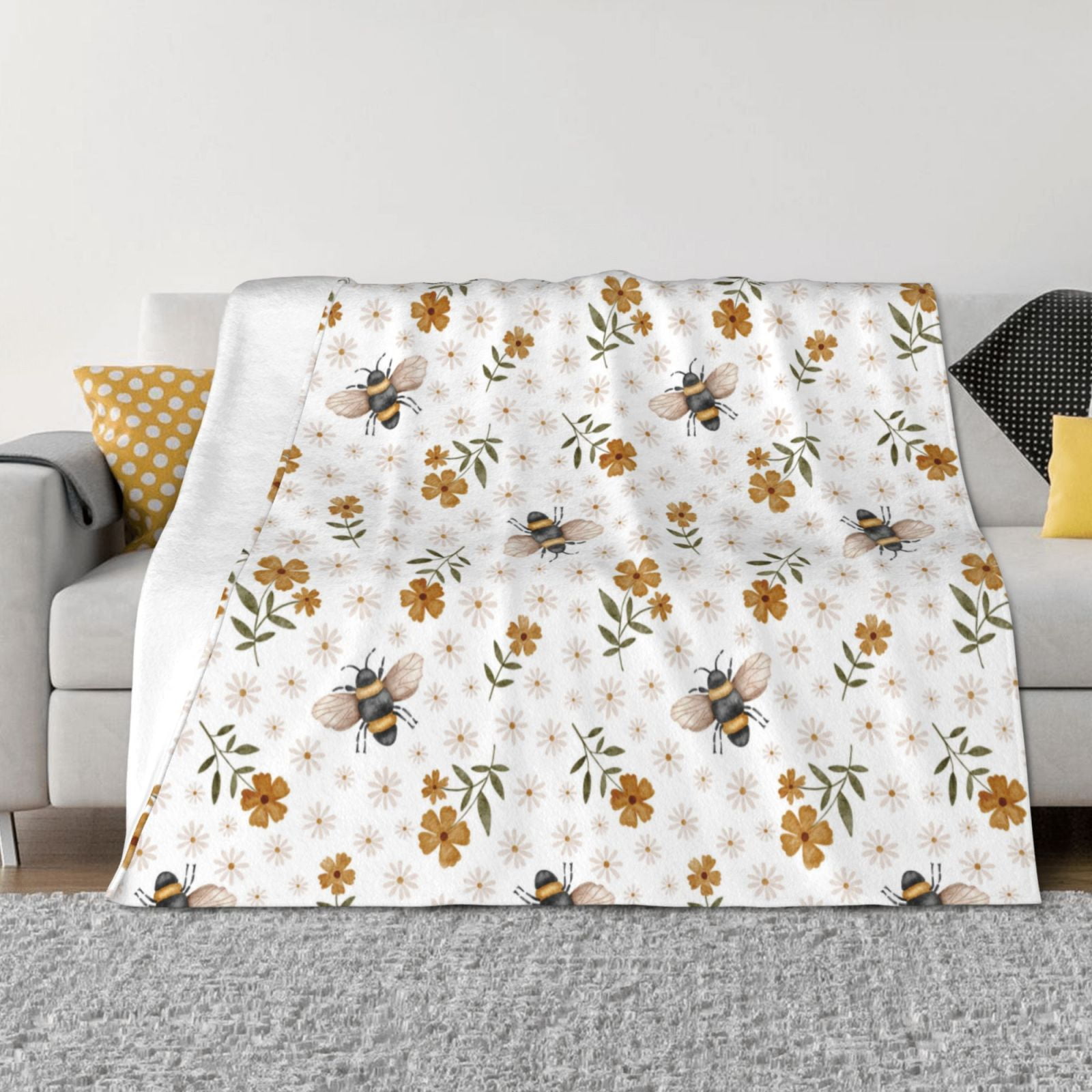 Uemuo Bees And Flowers Printed Throw Blanket for Couch, Fluffy Fuzzy Blankets for Bed, Sofa ...