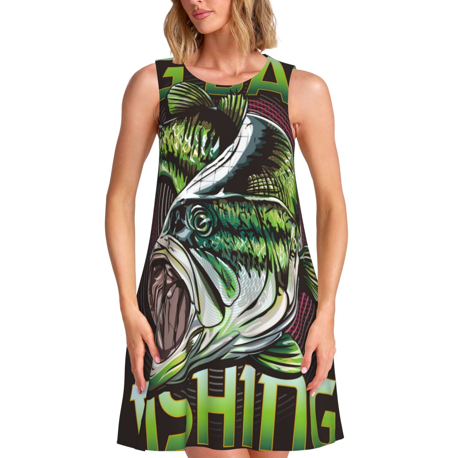 Uemuo Big Bass Fish Pattern Women’s Sleeveless Dress – Casual Summer A ...