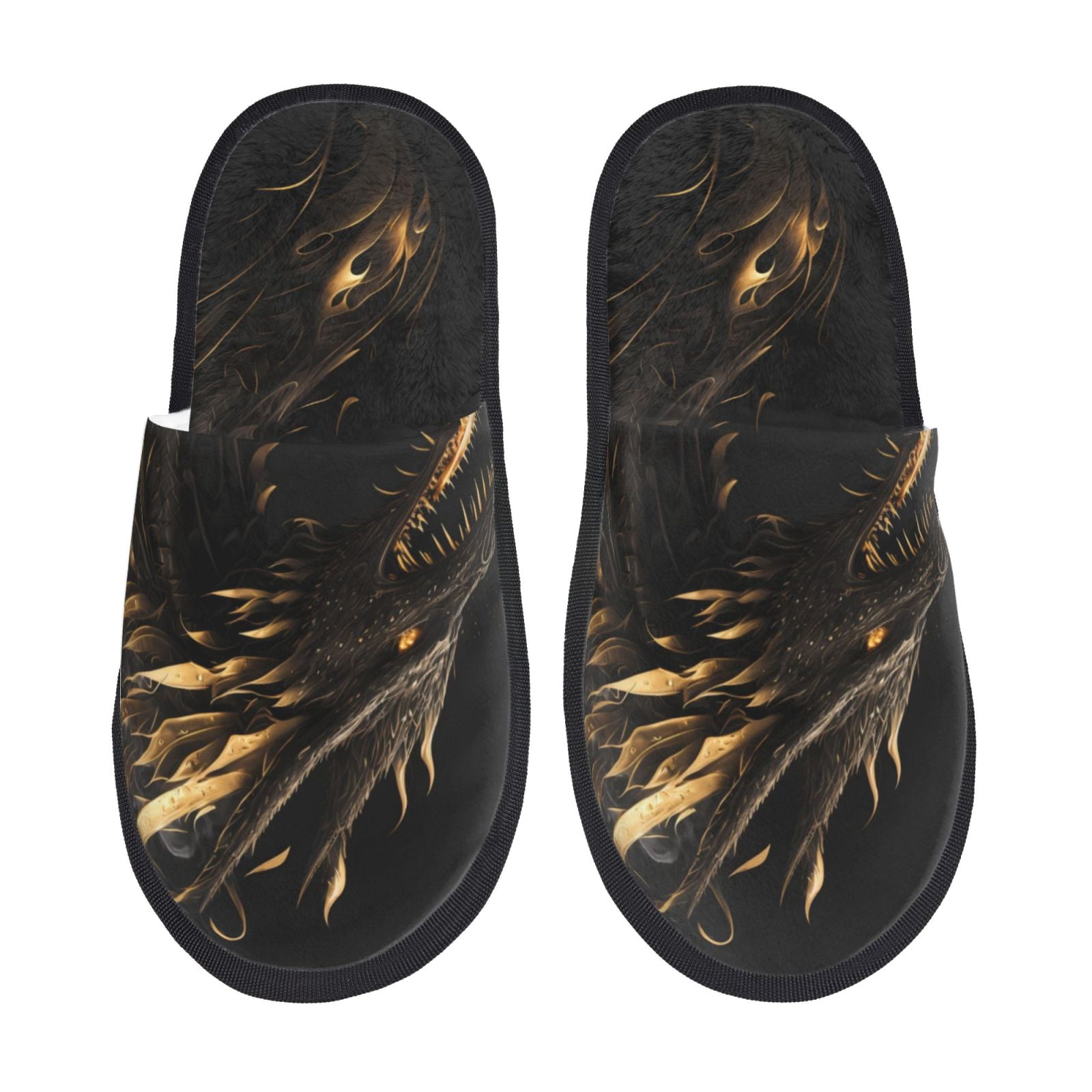 Uemuo Black And Gold Fire Dragon Printe Plush Furry Slippers with EVA ...