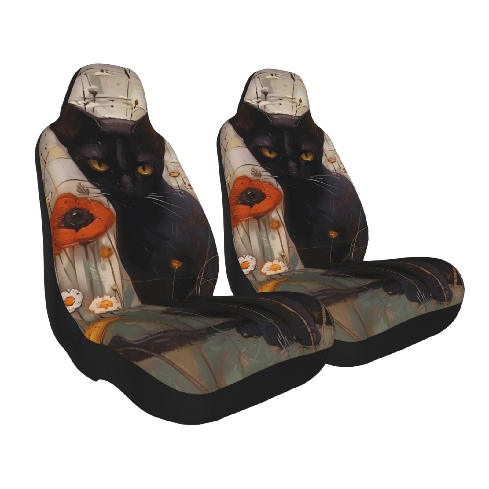 Uemuo Black Cat in Wildflowers Pattern Car Seat Covers for Front Seats ...