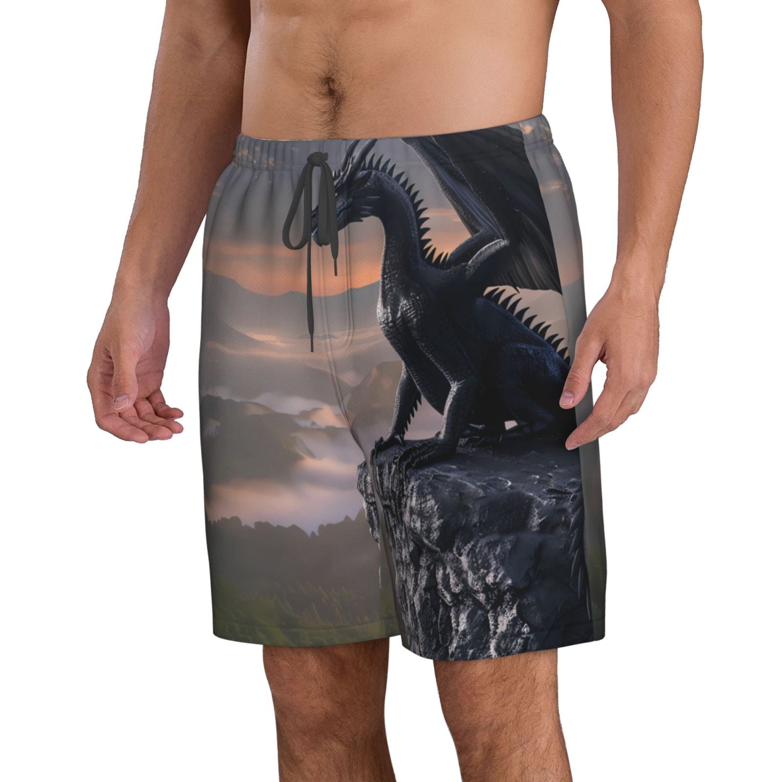 Uemuo Black Dragon Cliff Dawn Pattern Men's Swim Trunks Hawaiian Beach ...