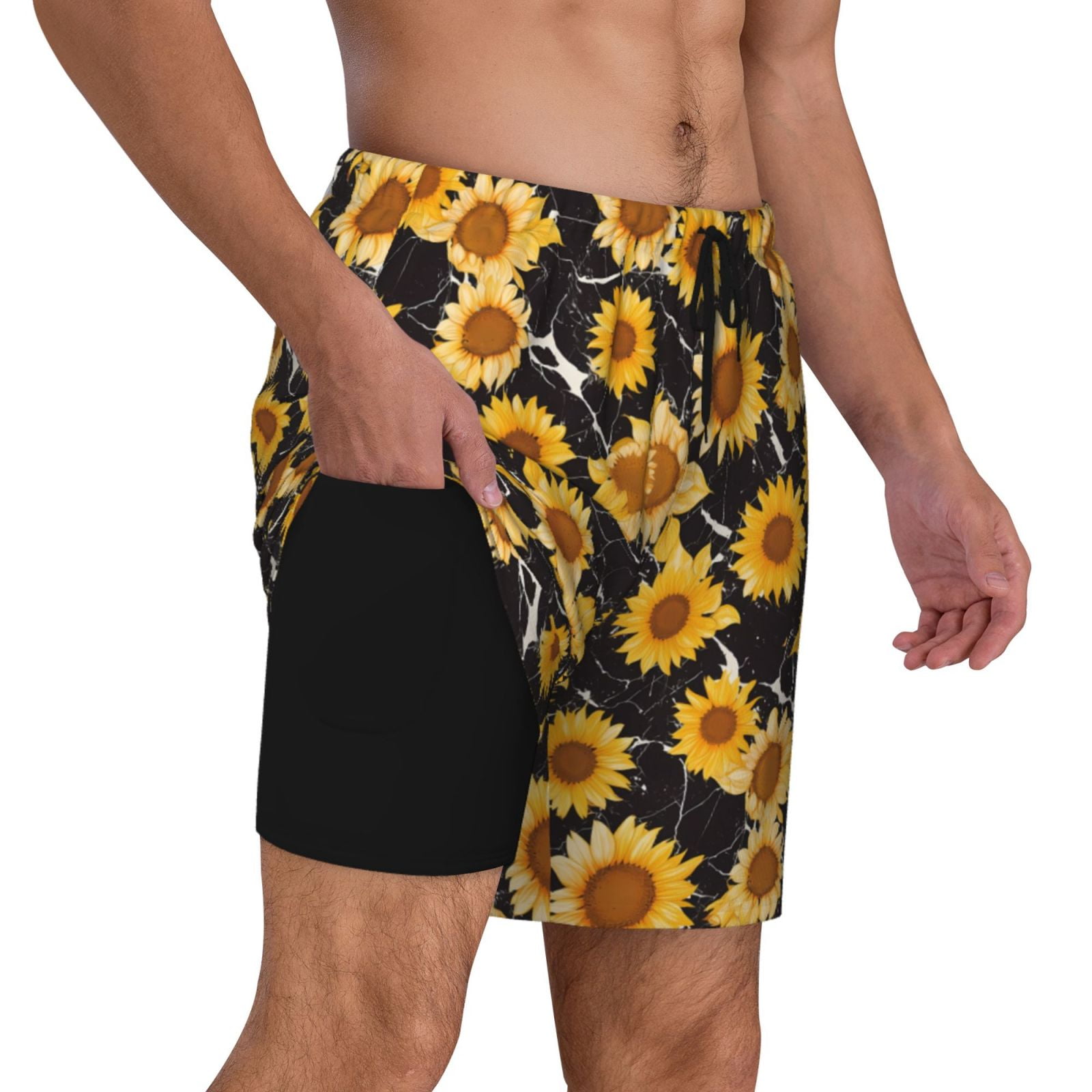 Uemuo Black Marble Pattern Sunflower Pattern Mens Swim Trunks Quick Dry ...