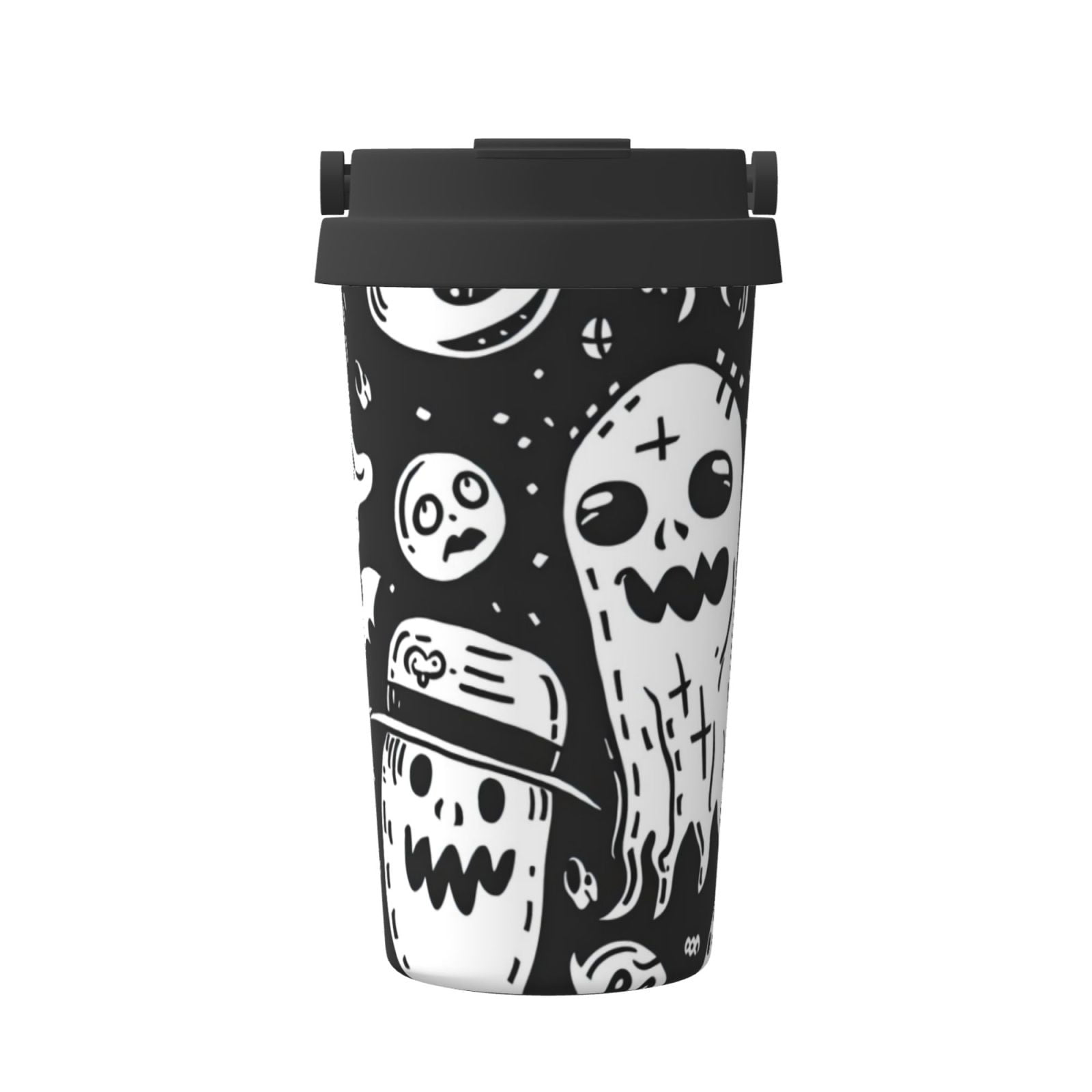 Uemuo Black White Spooky Ghosts Print Carry Insulated Coffee Mug ...