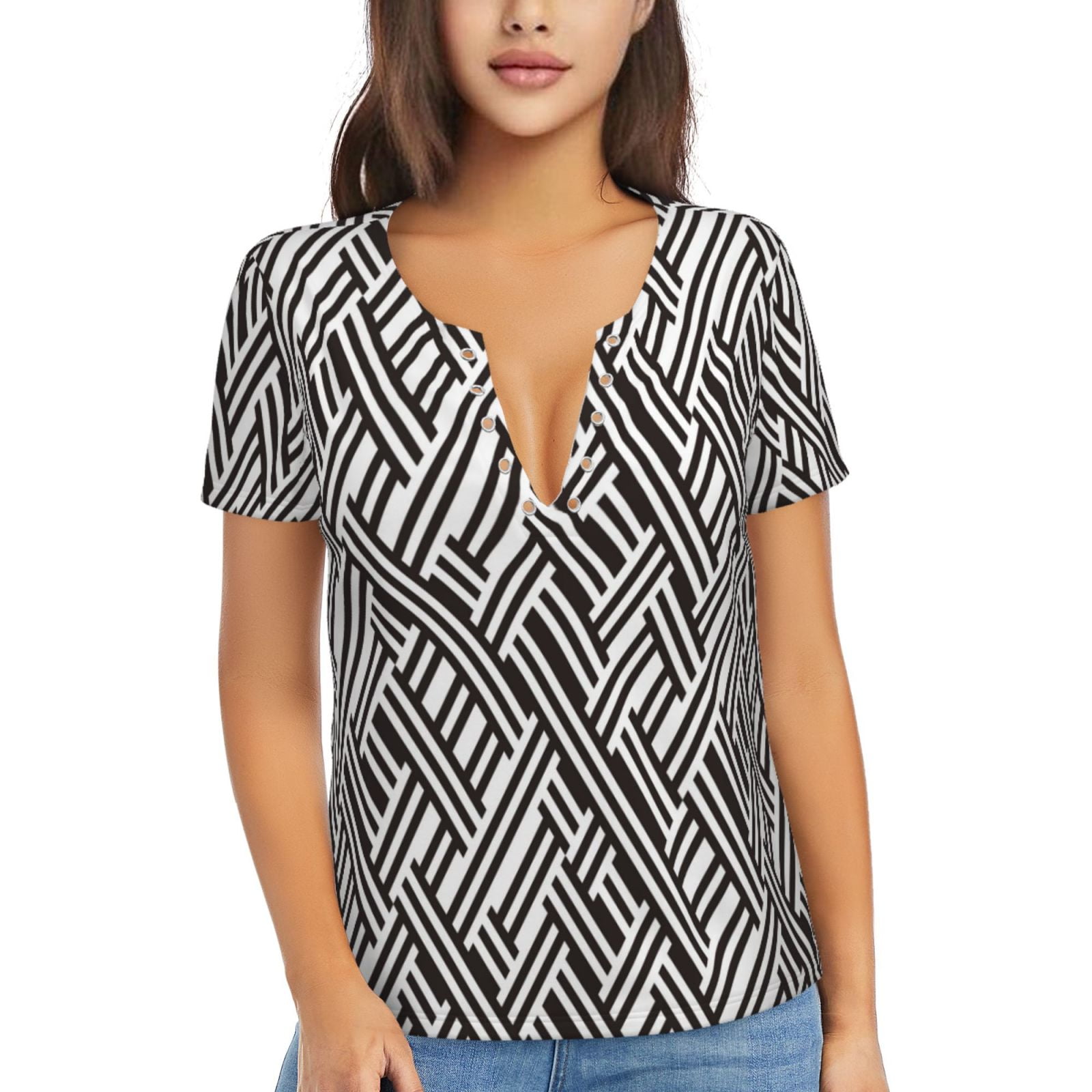 Uemuo Black White Stripes Drawing Women's Deep V-Neck Low Cut Tops ...