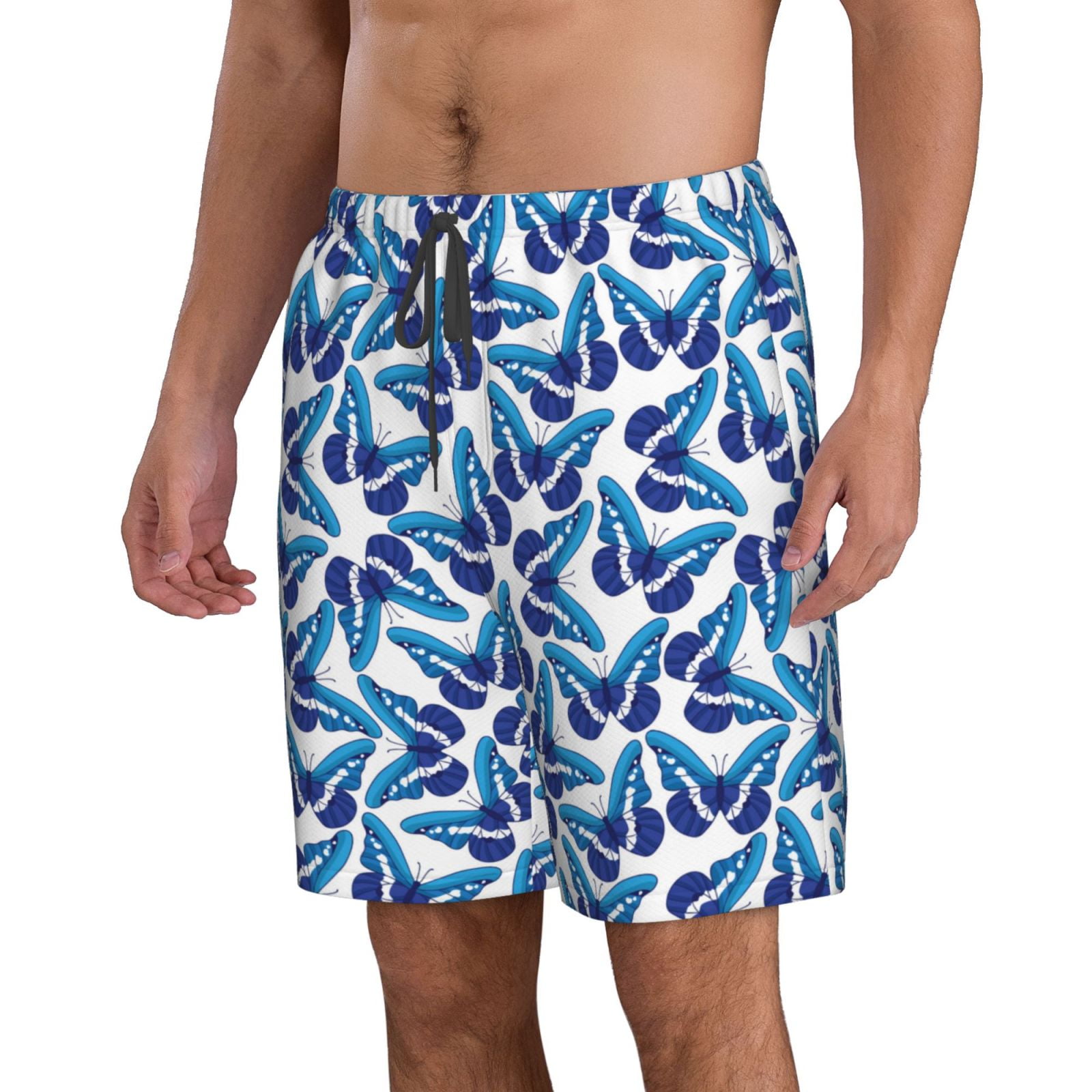 Uemuo Blue Butterflies Pattern Men's Swim Trunks Hawaiian Beach Bathing ...
