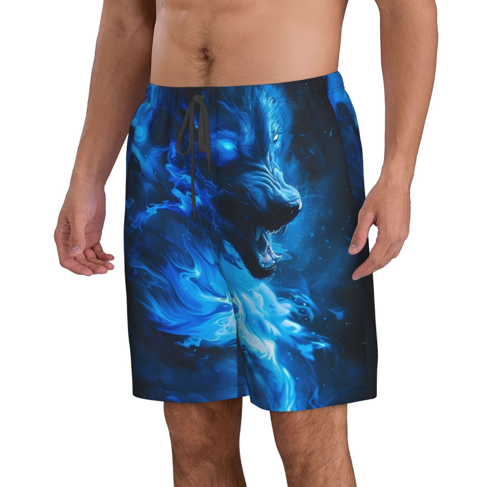 Uemuo Blue Fire Cool Wolf Pattern Men's Swim Trunks Hawaiian Beach ...