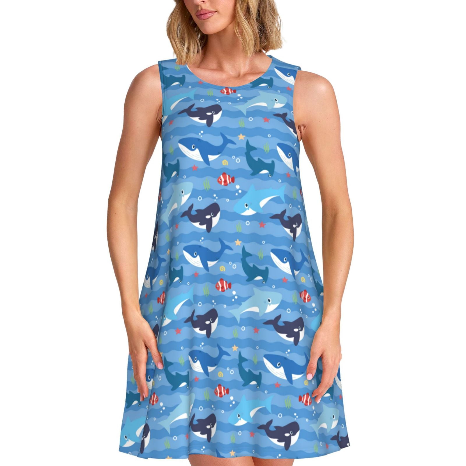 Uemuo Blue Fish Pattern Women’s Sleeveless Dress – Casual Summer A-Line ...