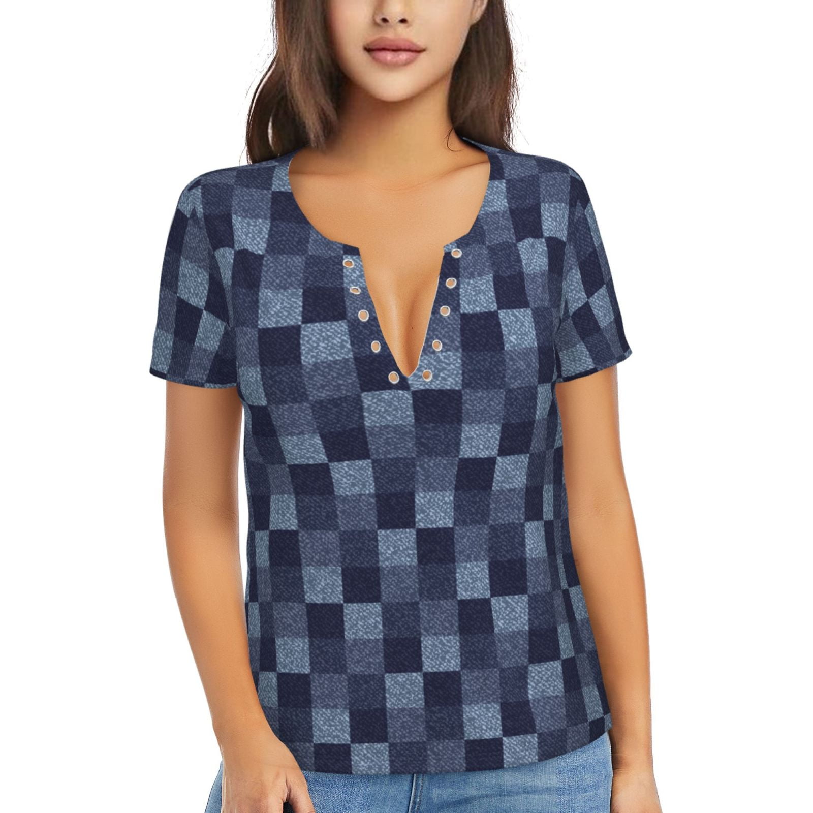 Uemuo Blue Gingham Buffalo Check Drawing Women's Deep V-Neck Low Cut ...