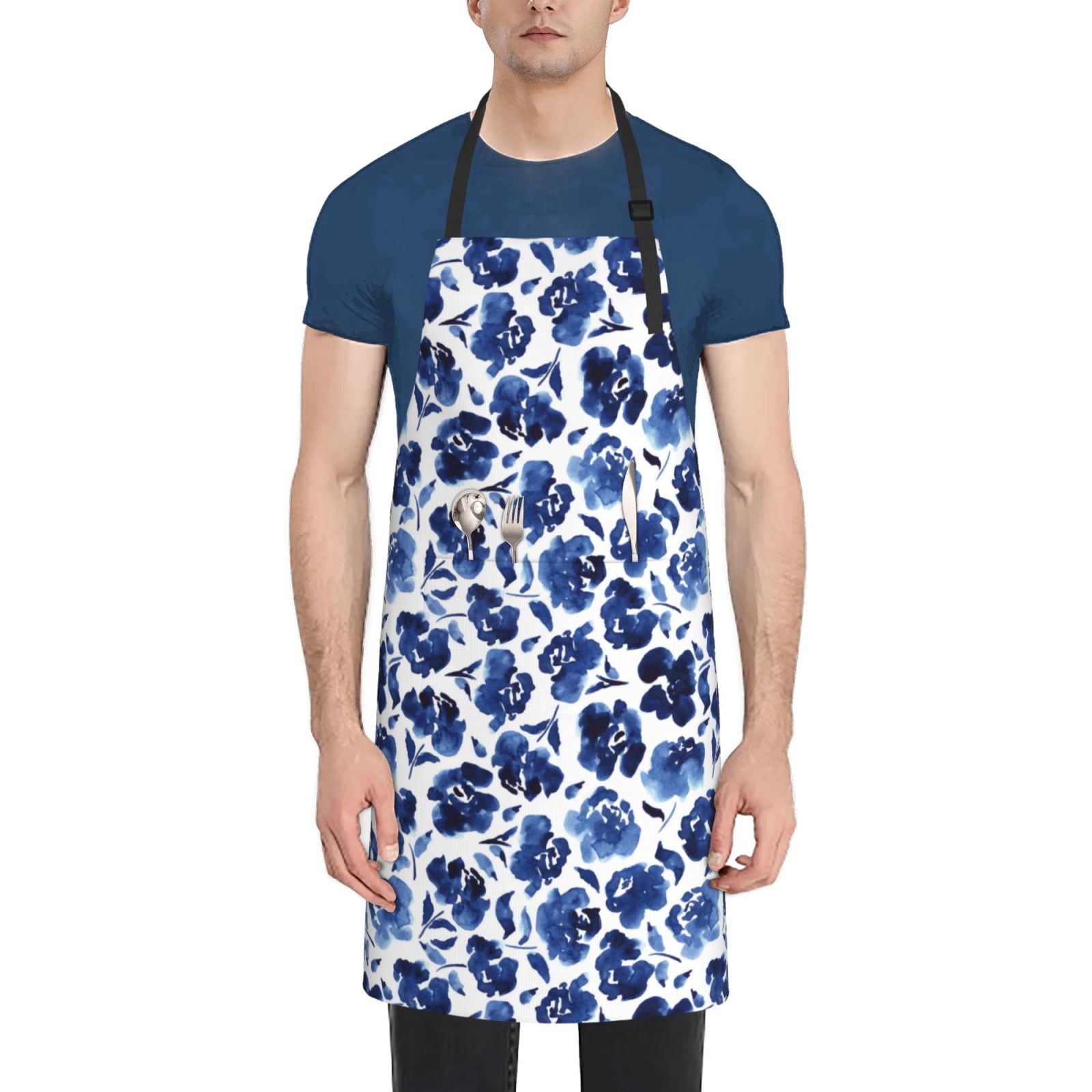 Uemuo Blue Ink Flowers Pattern Waterproof Apron Adjustable Dishwasher ...