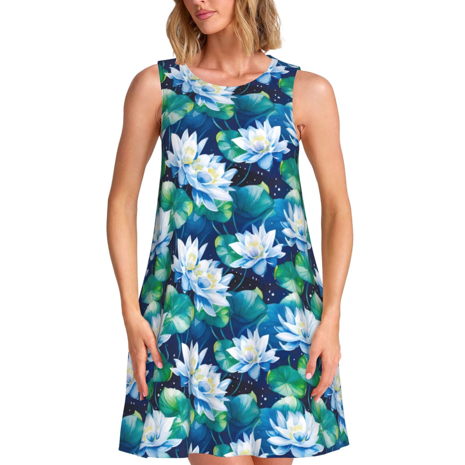 Uemuo Blue Lotus Flower Pattern Women’s Sleeveless Dress – Casual ...