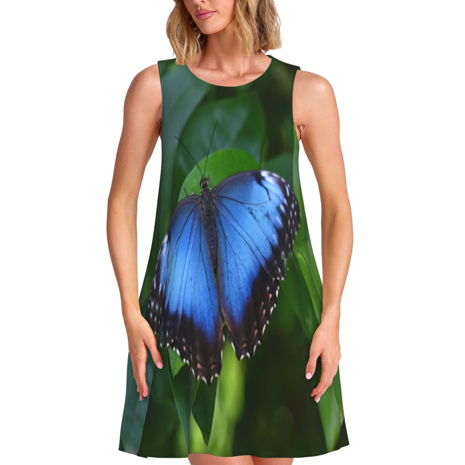 Uemuo Blue Morpho butterfly Pattern Women’s Sleeveless Dress – Casual ...