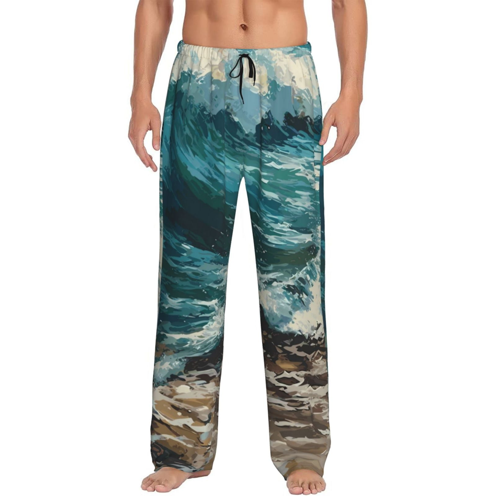 Uemuo Blue Ocean Waves Pattern Men's Wide Leg Palazzo Lounge Pants with ...