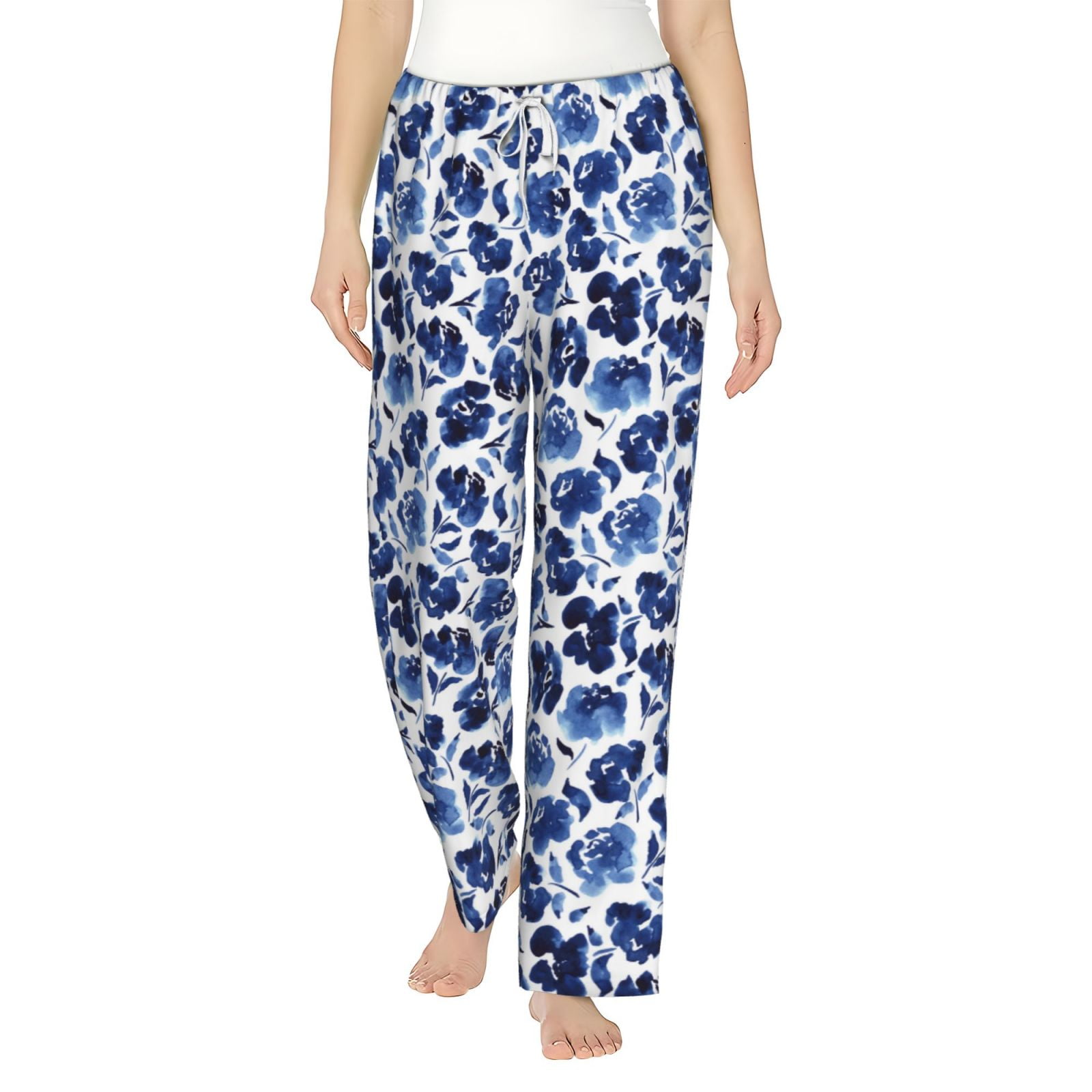 Uemuo Blue Roses Pattern Women's Wide Leg Palazzo Lounge Pants with ...