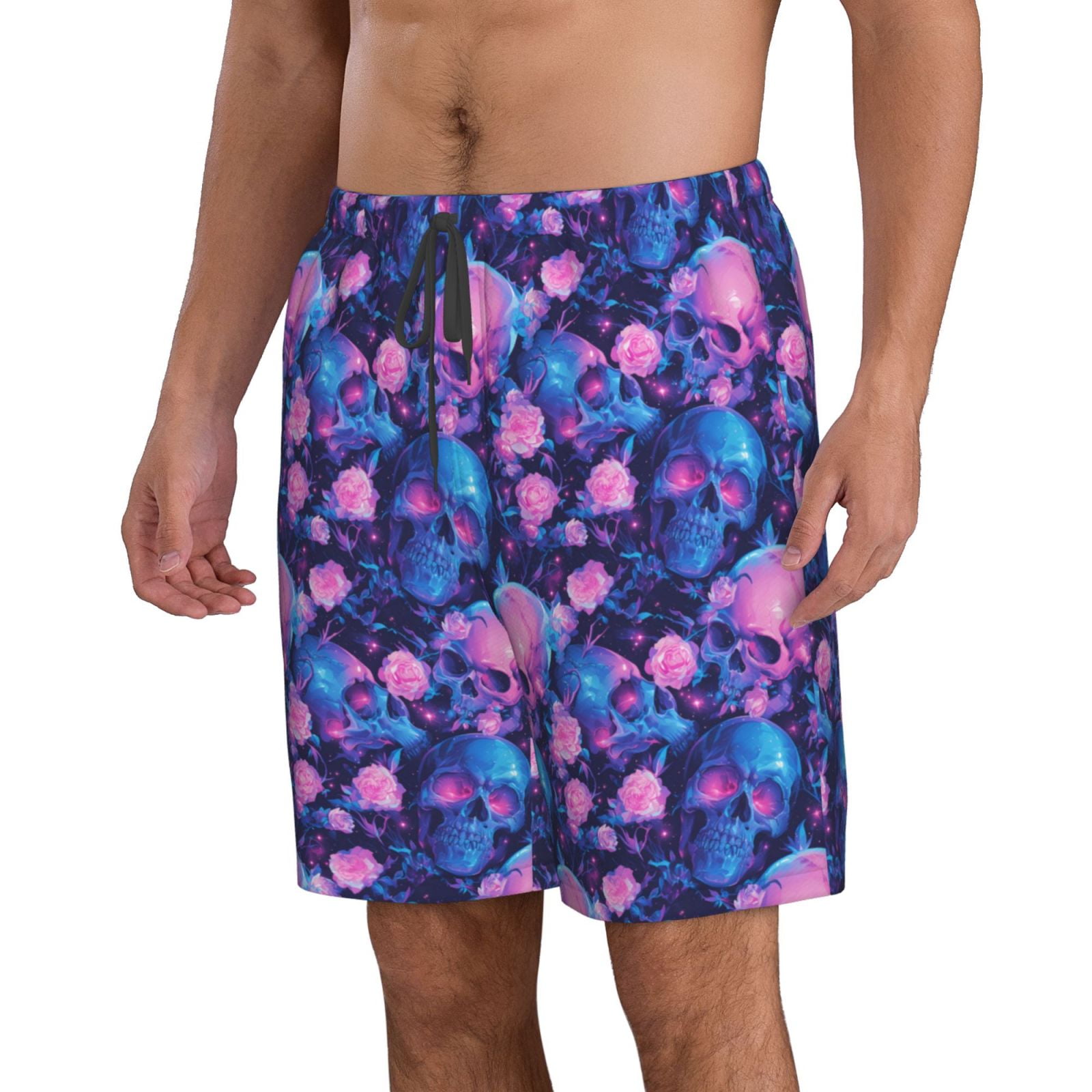 Uemuo Blue Skull Rose Pattern Men's Swim Trunks Hawaiian Beach Bathing ...