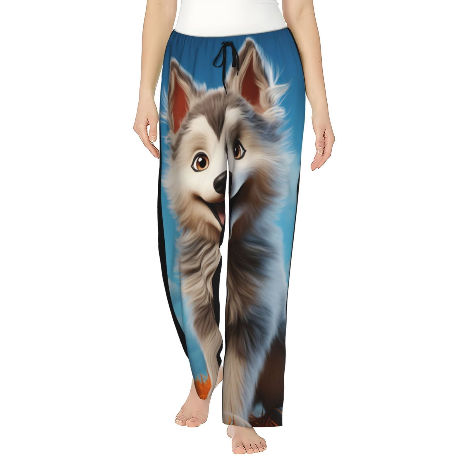 Uemuo Blue Sky Cute Wolf Pattern Women's Wide Leg Palazzo Lounge Pants ...