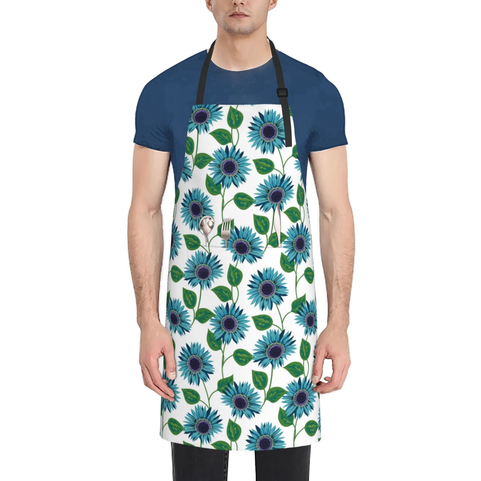 Uemuo Blue Sunflowers Pattern Waterproof Apron Adjustable Dishwasher ...