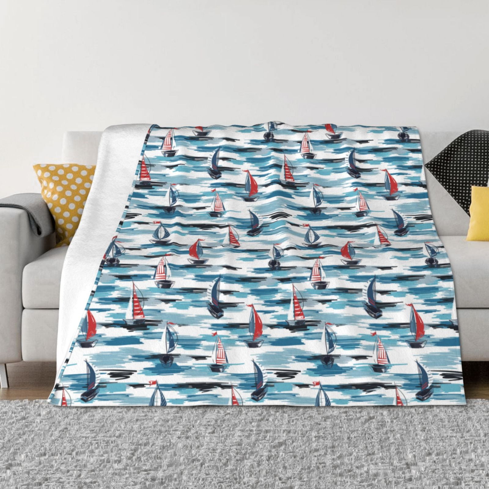 Uemuo Boat In Ocean Printed Throw Blanket for Couch, Fluffy Fuzzy ...