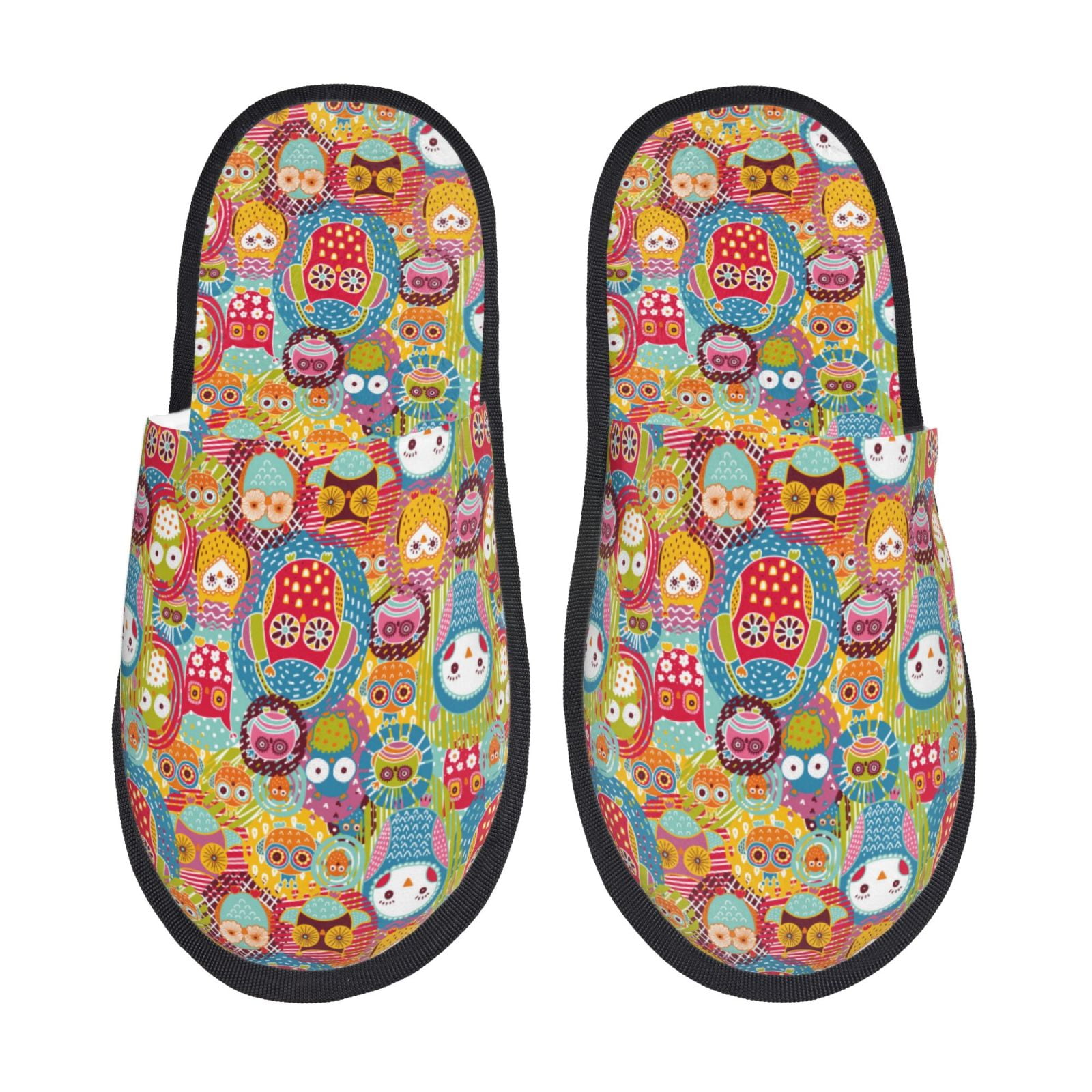 Uemuo Boho Cute Owls Printe Plush Furry Slippers with EVA Sole for Men ...