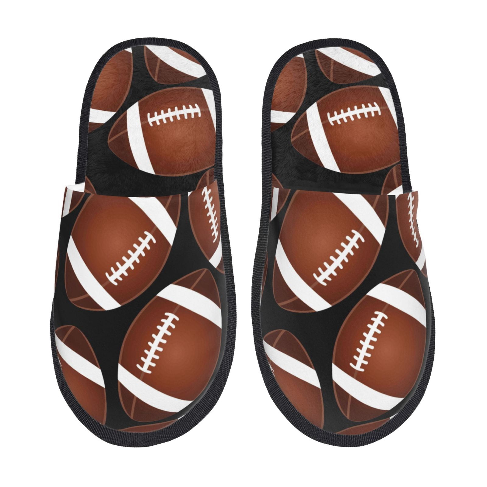 Uemuo Brown Football On Black Printe Plush Furry Slippers with EVA Sole ...