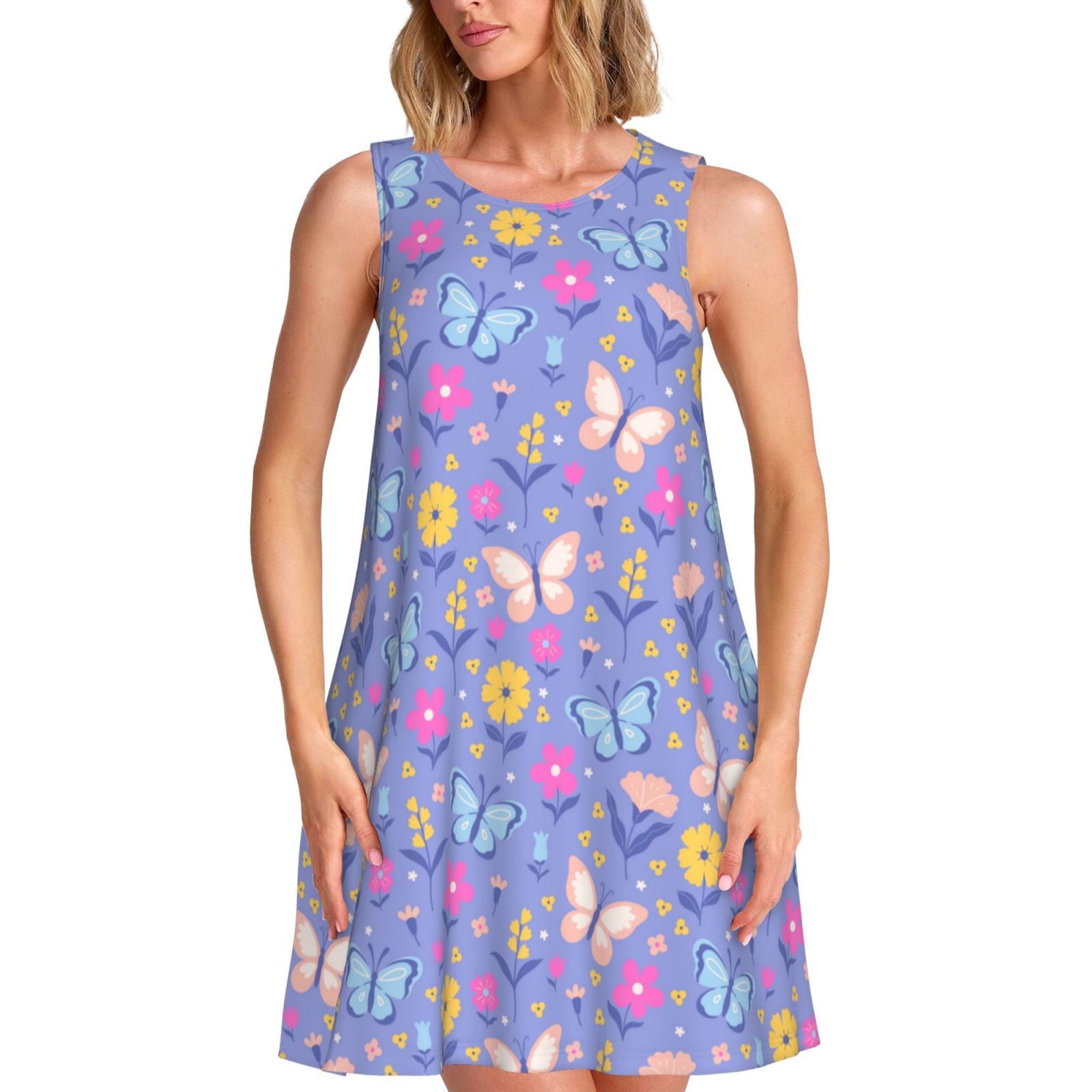 Uemuo Butterflies And Flowers Pattern Women’s Sleeveless Dress – Casual ...