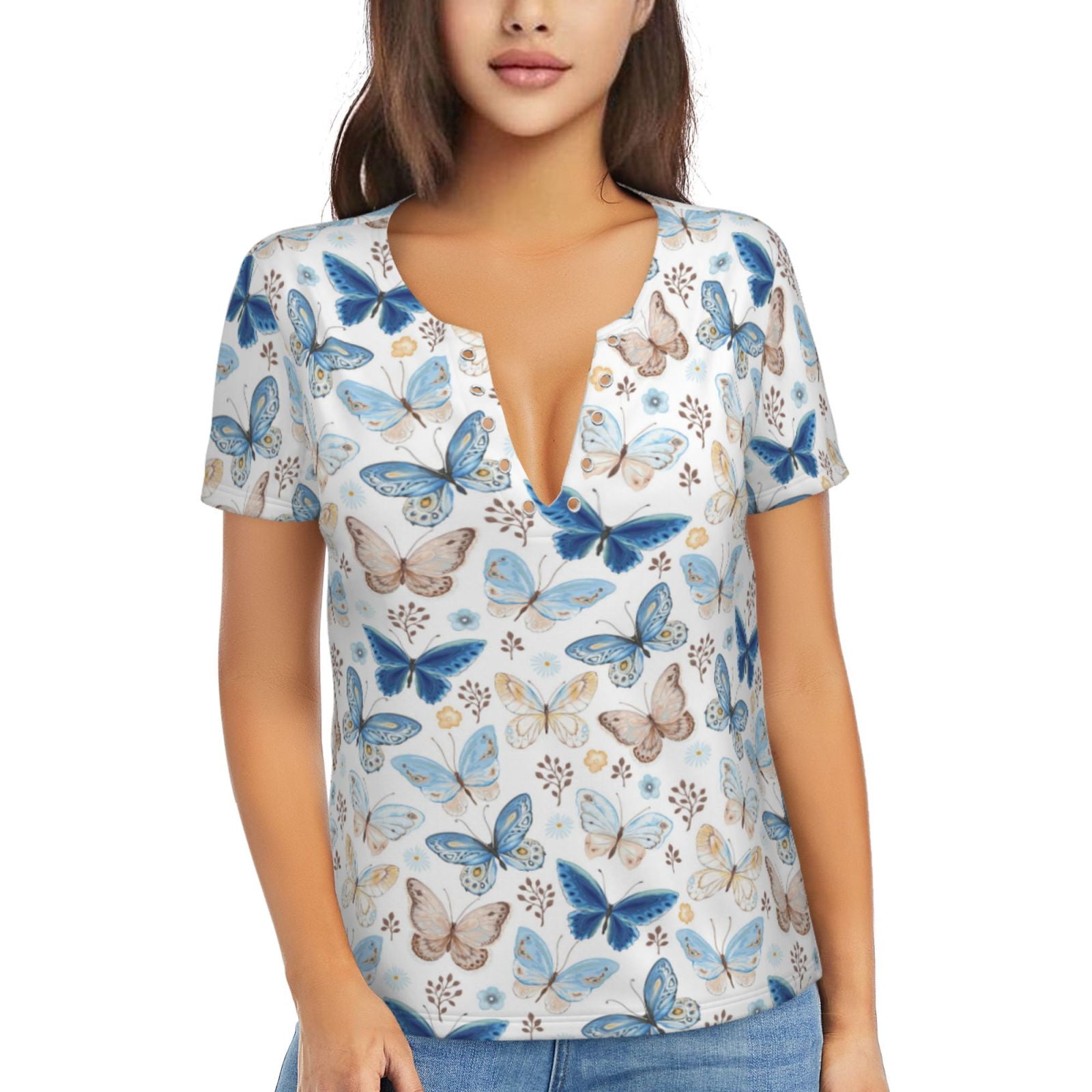 Uemuo Butterfly Drawing Women's Deep V-Neck Low Cut Tops - Casual Loose ...
