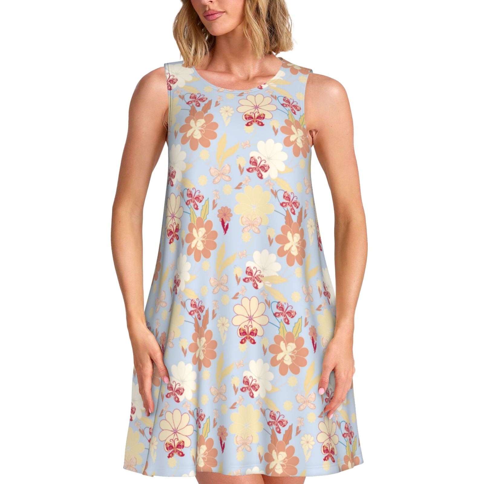 Uemuo Butterfly Flower Pattern Women’s Sleeveless Dress – Casual Summer ...