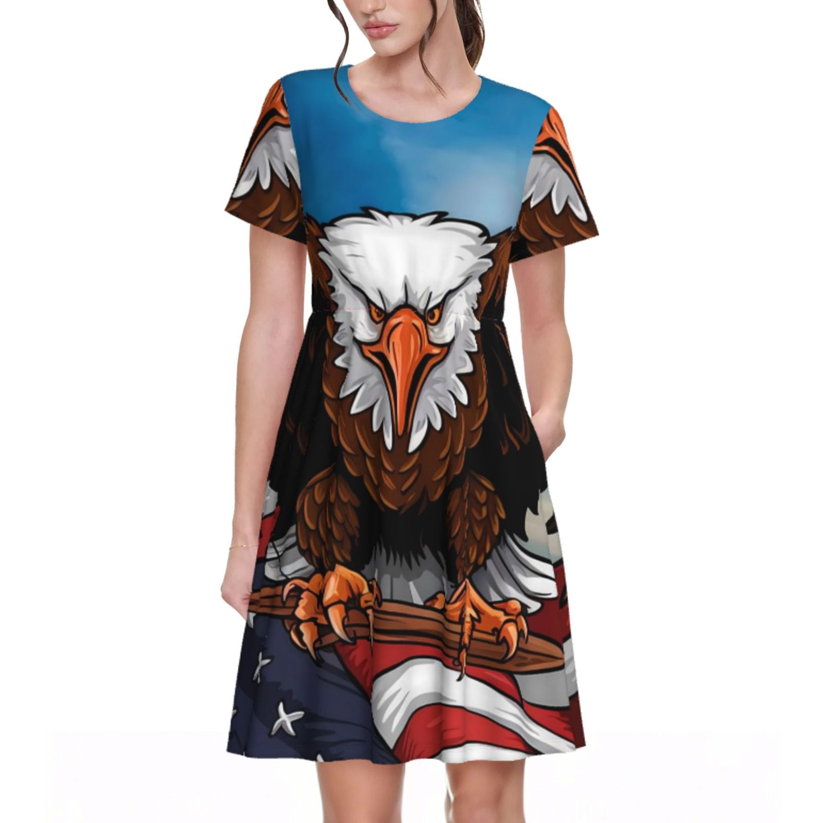 Uemuo Cartoon Bald Eagle USA Print Womens Summer Dress Casual Swing ...