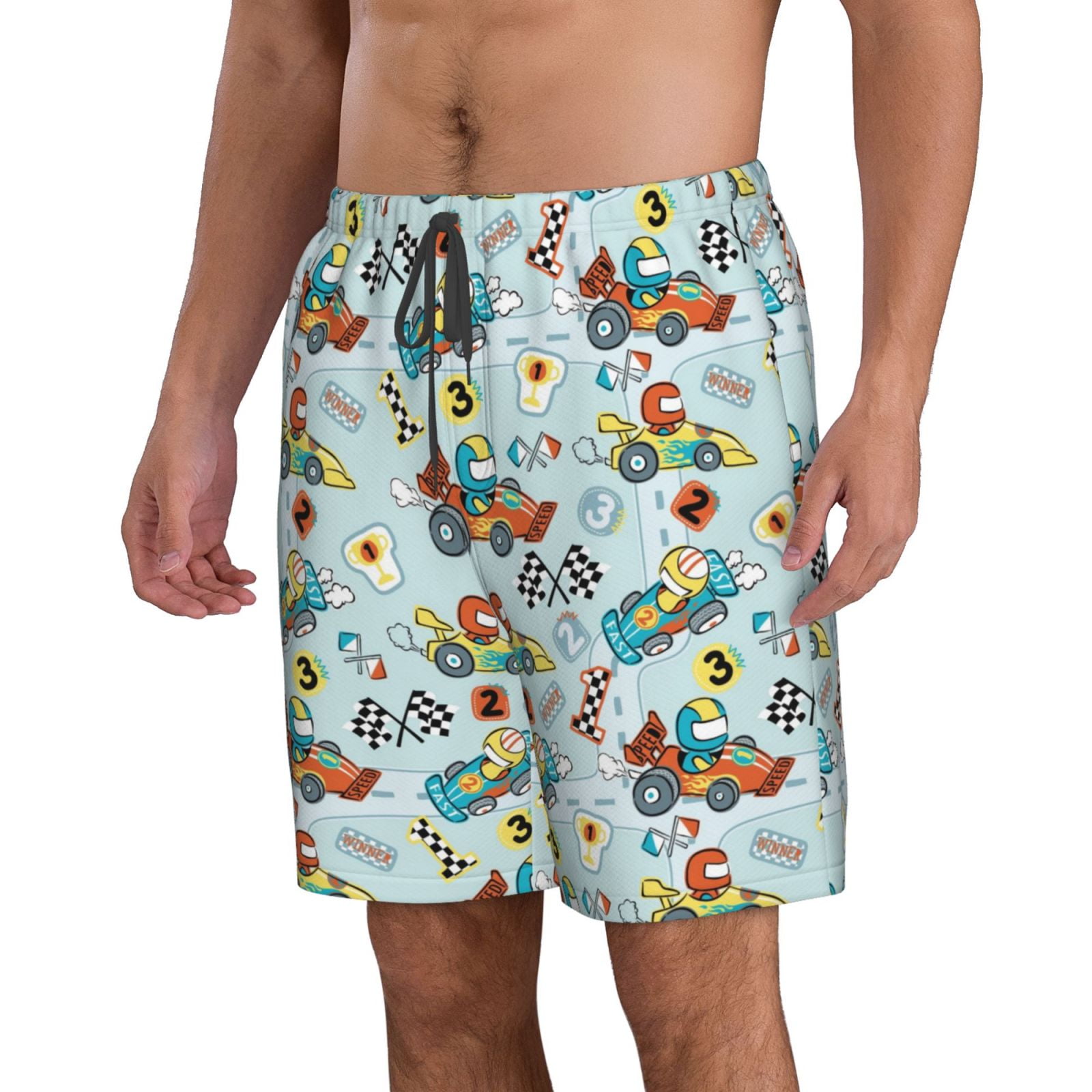 Uemuo Cartoon Car Racing Pattern Men's Swim Trunks Hawaiian Beach ...