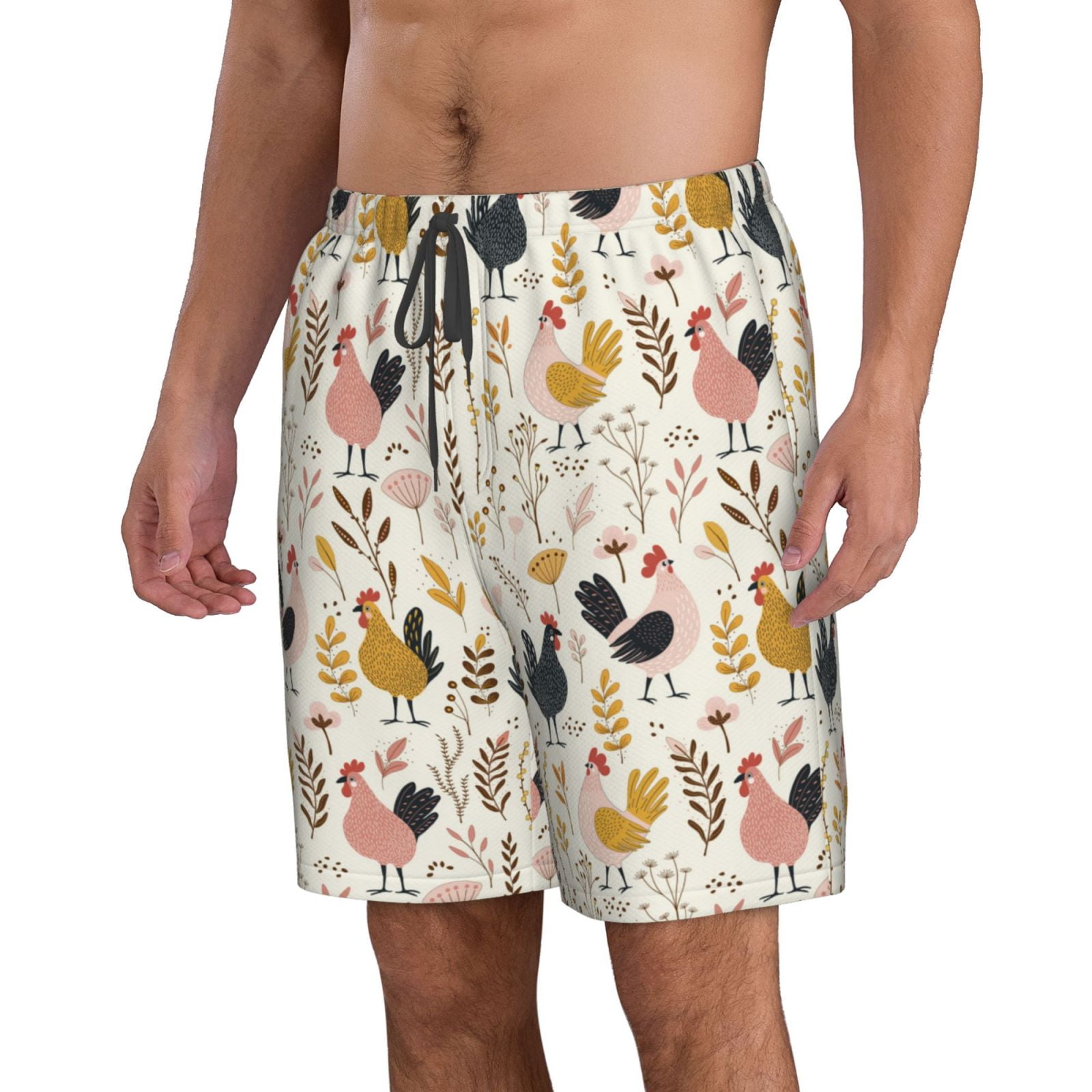 Uemuo Cartoon Chickens Pattern Men's Swim Trunks Hawaiian Beach Bathing ...