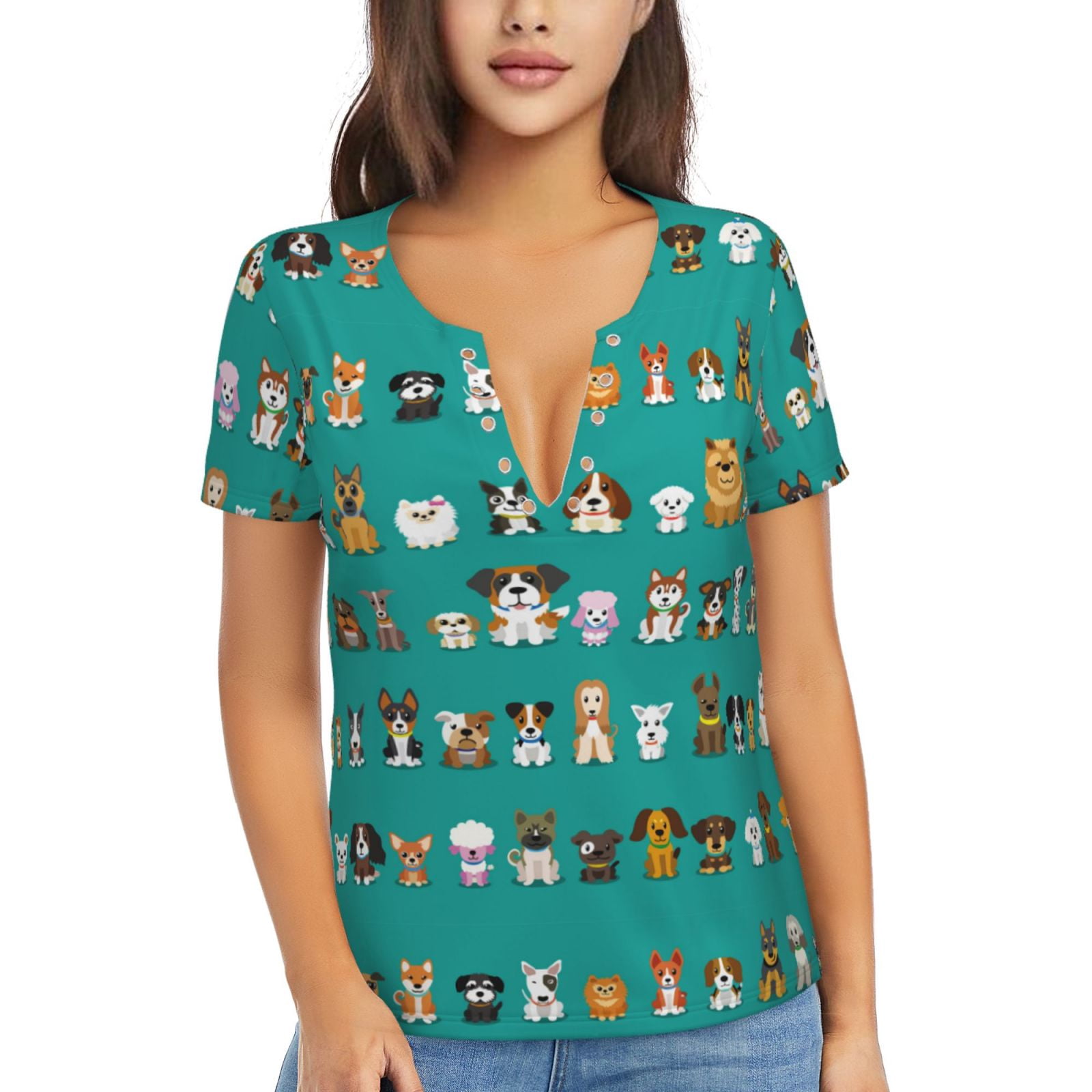 Uemuo Cartoon Dogs Drawing Women's Deep V-Neck Low Cut Tops - Casual ...