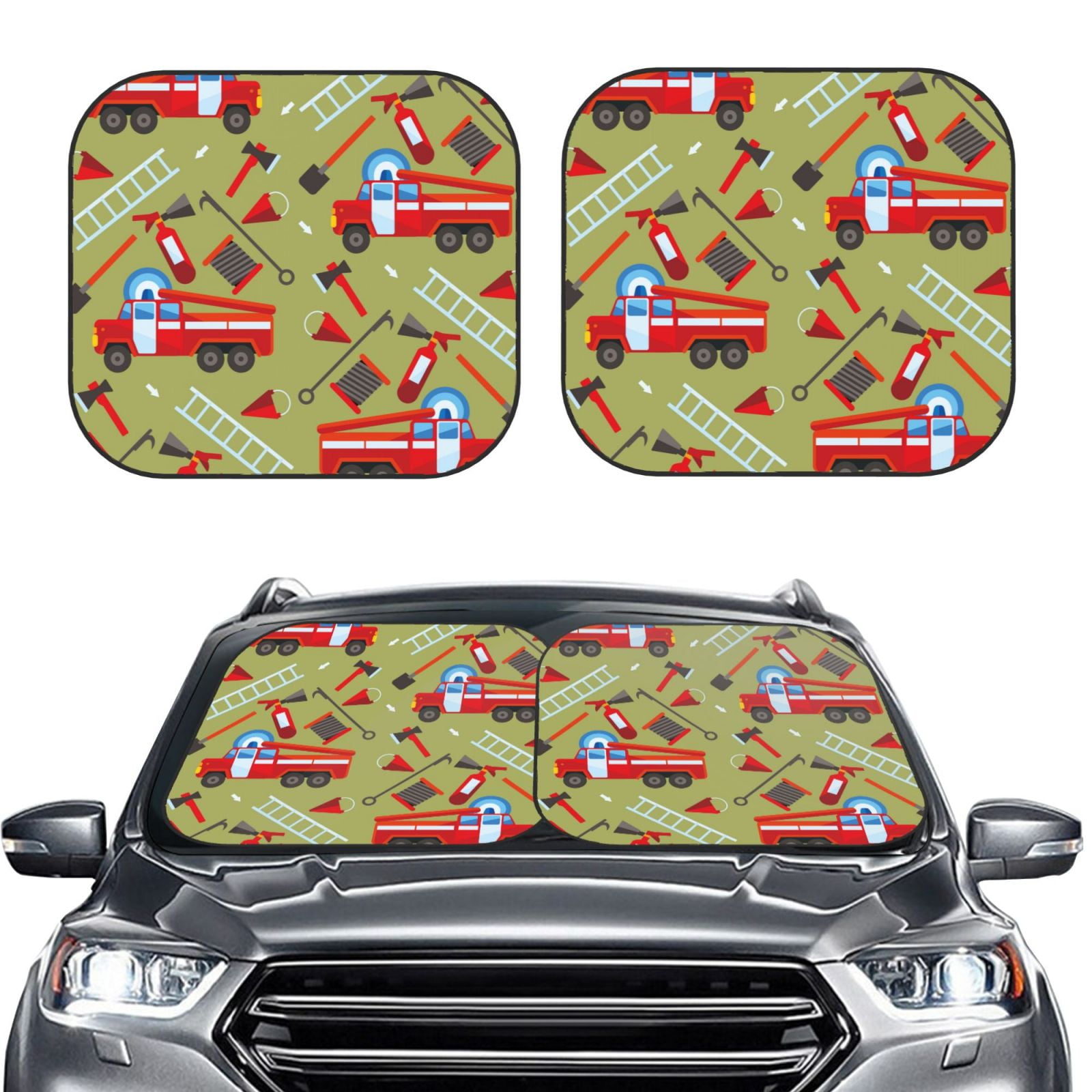Uemuo Cartoon Fire Truck Printed 2 PCS Car Windshield Sun Shade, Auto ...