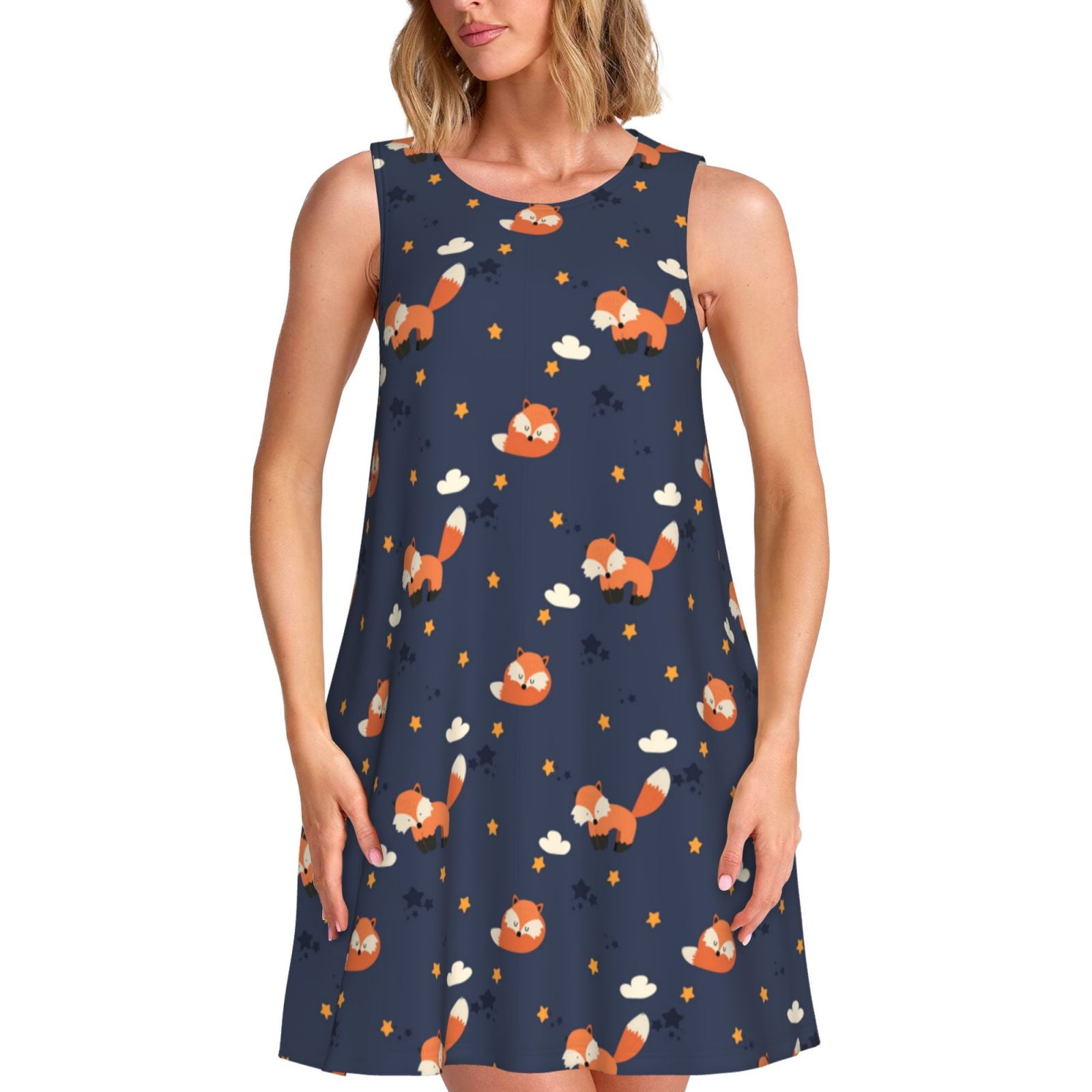 Uemuo Cartoon Fox Pattern Women’s Sleeveless Dress – Casual Summer A ...
