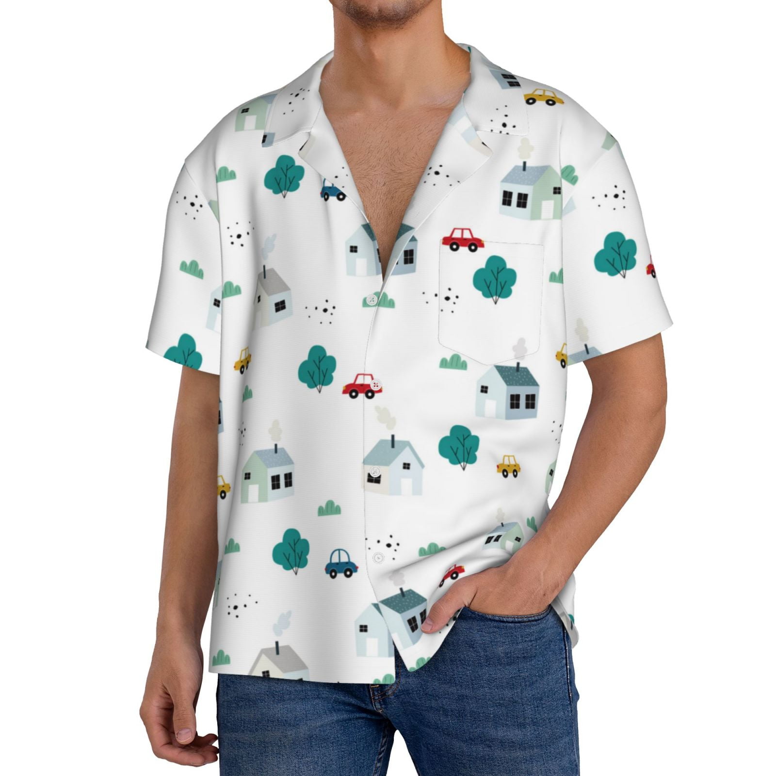 Uemuo Cartoon House Car Pattern Cotton Linen Short Sleeve Shirts,Casual ...