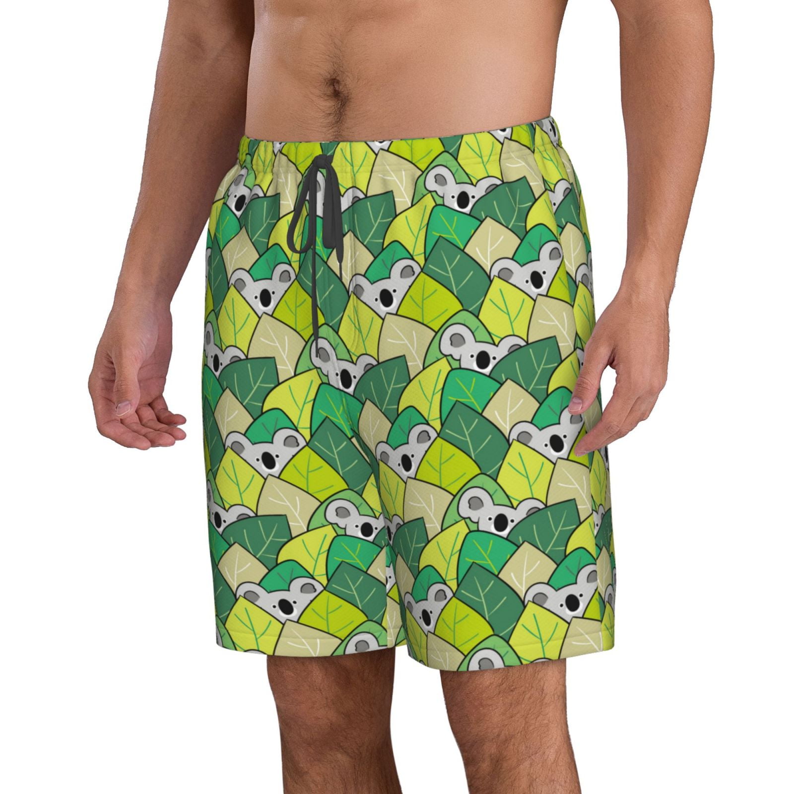 Uemuo Cartoon Koala Bear and Leaf Pattern Men's Swim Trunks Hawaiian ...