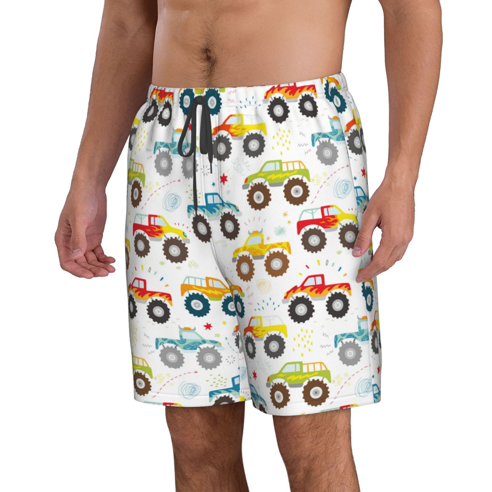 Uemuo Cartoon Monster Trucks Pattern Men's Swim Trunks Hawaiian Beach ...